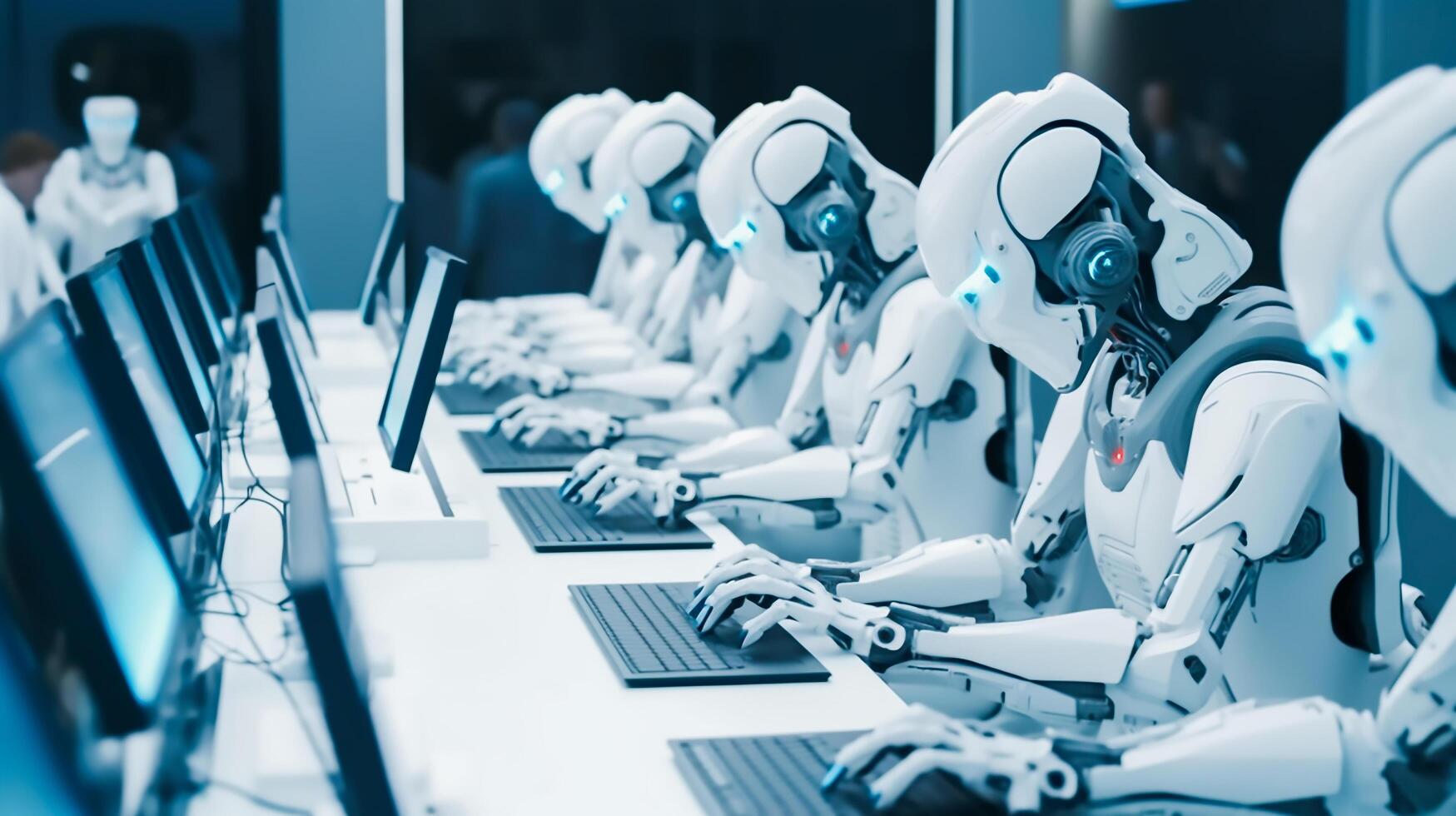 White Ai robot working and looking on monitor creen computer lab, high-tech artificial ...