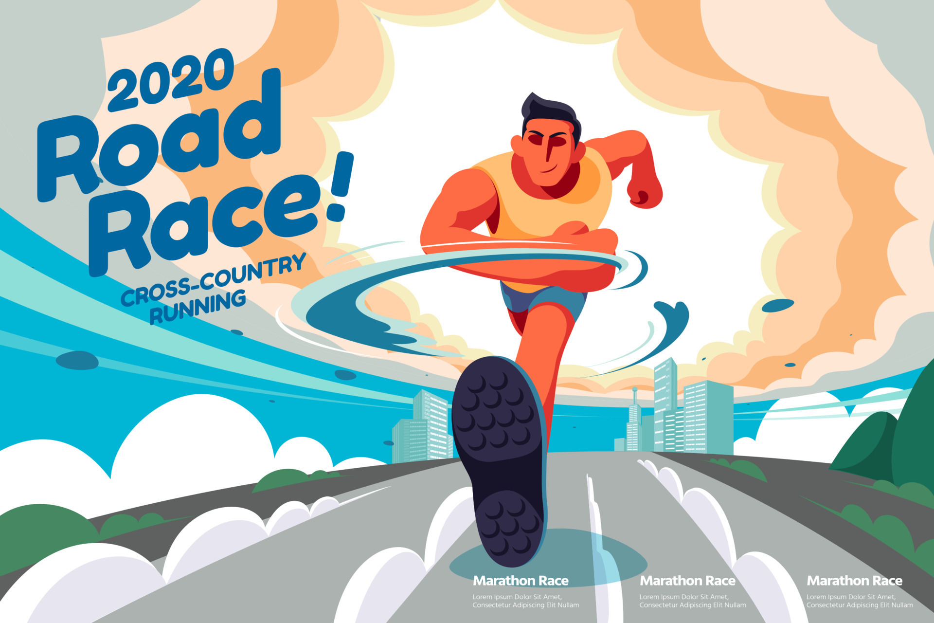 Road Race Event Illustration With A Man Running Forward In The City road-race-event-illustration-with-a-man-running-forward-in-the-city