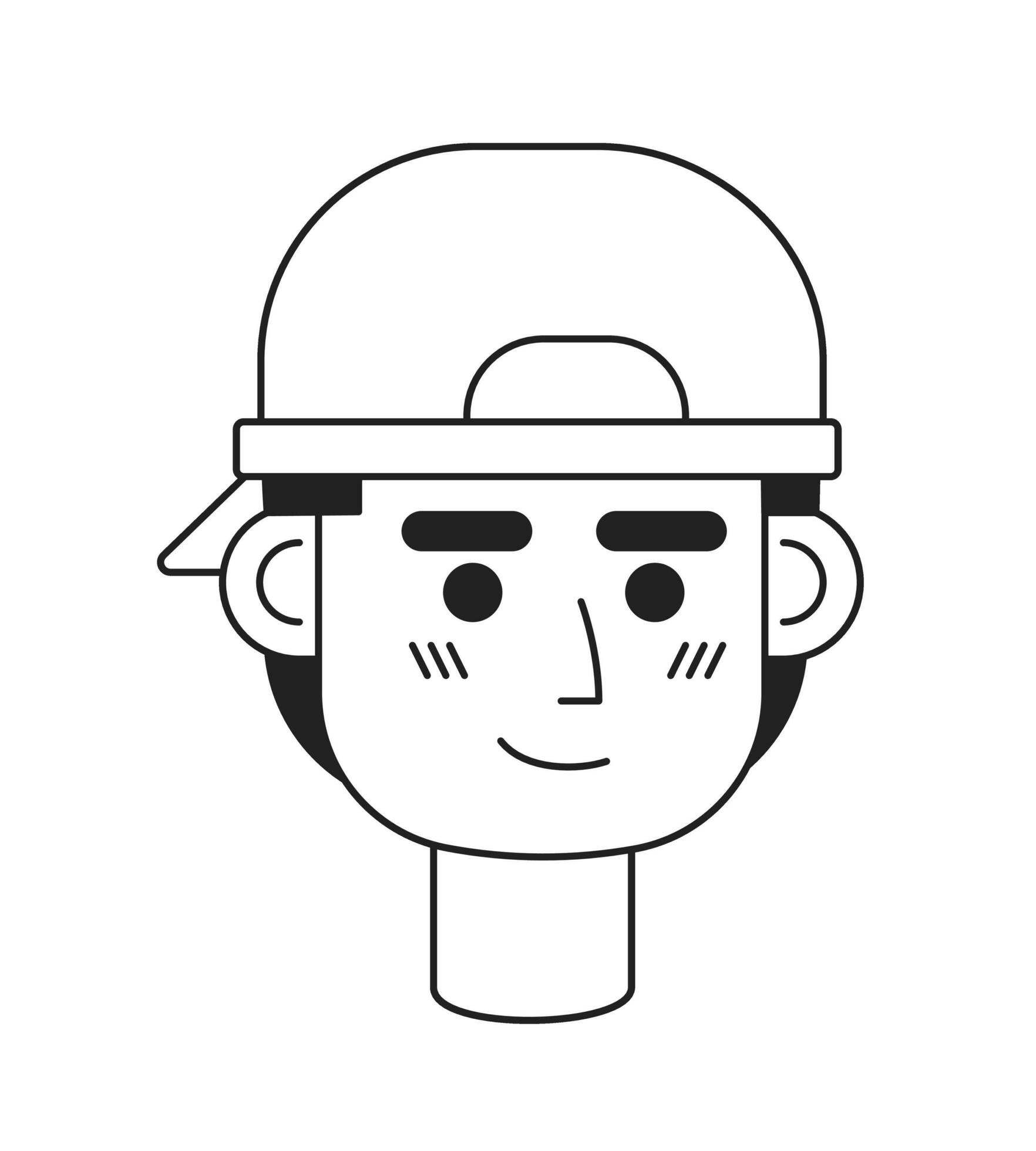 Teenage boy wearing baseball cap backwards monochrome flat linear character head. Cool student ...