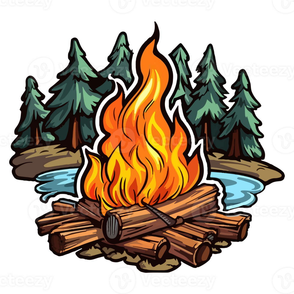 Colorful Fireplace, campfire with tree trees, twigs separate cartoon style, Outdoor activities ...