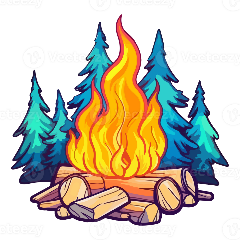 Colorful Fireplace, campfire with tree trees, twigs separate cartoon style, Outdoor activities ...