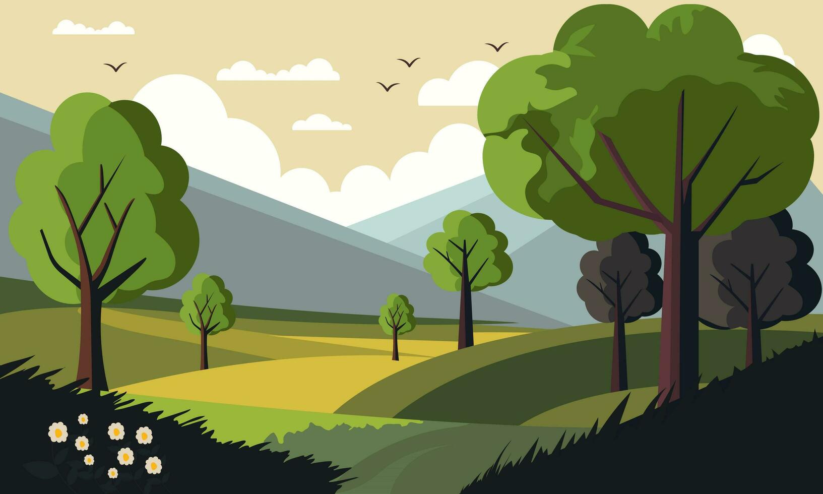 Vector Nature Landscape Background With Trees, Flying Birds. 24556913 ... Vector Nature Landscape Background With Trees, Flying Birds. 24556913 ...