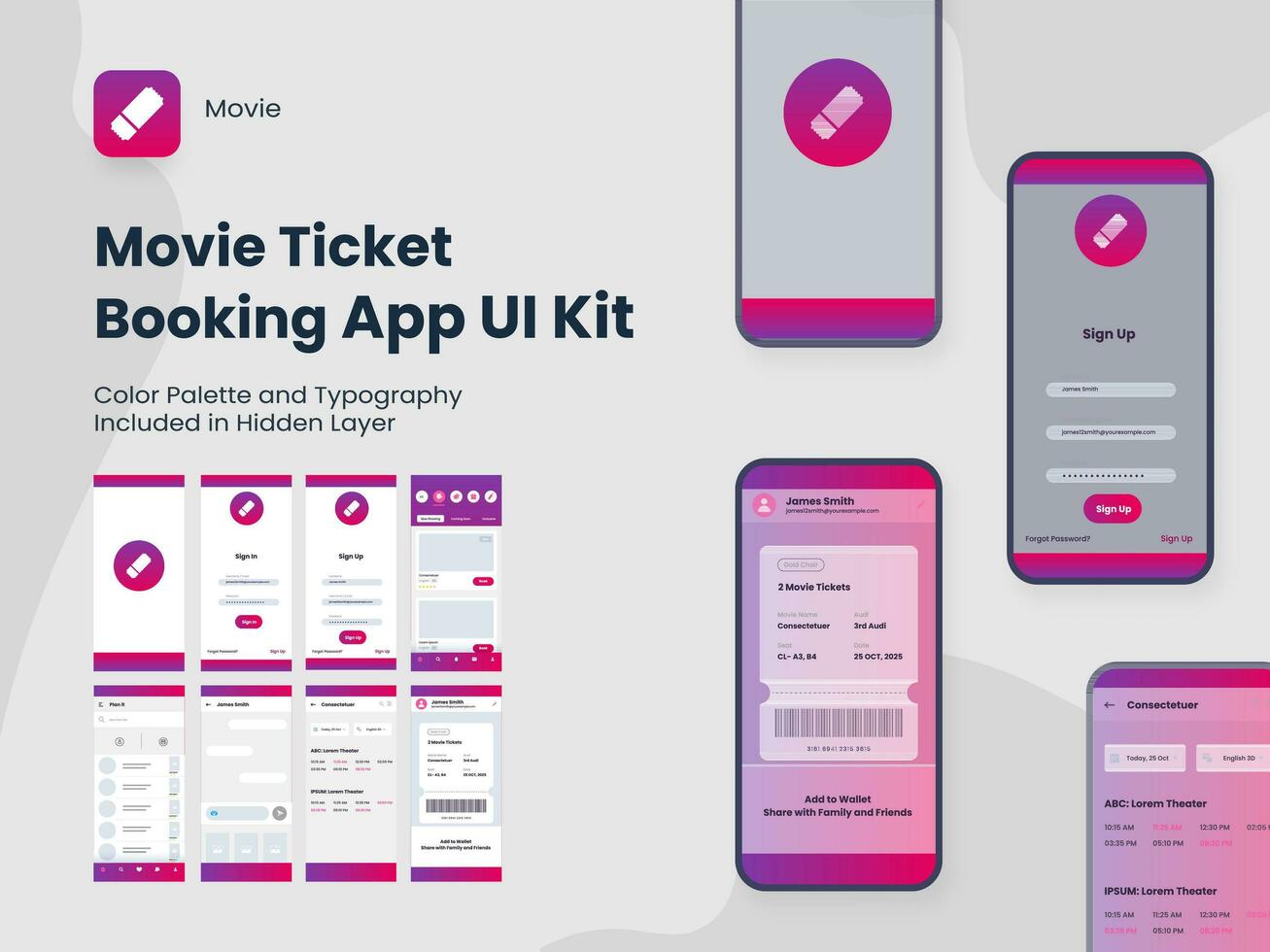 Movie Ticket Booking App UI Kit Including Account Sign In, Sign Up, Booking and Service Type ...