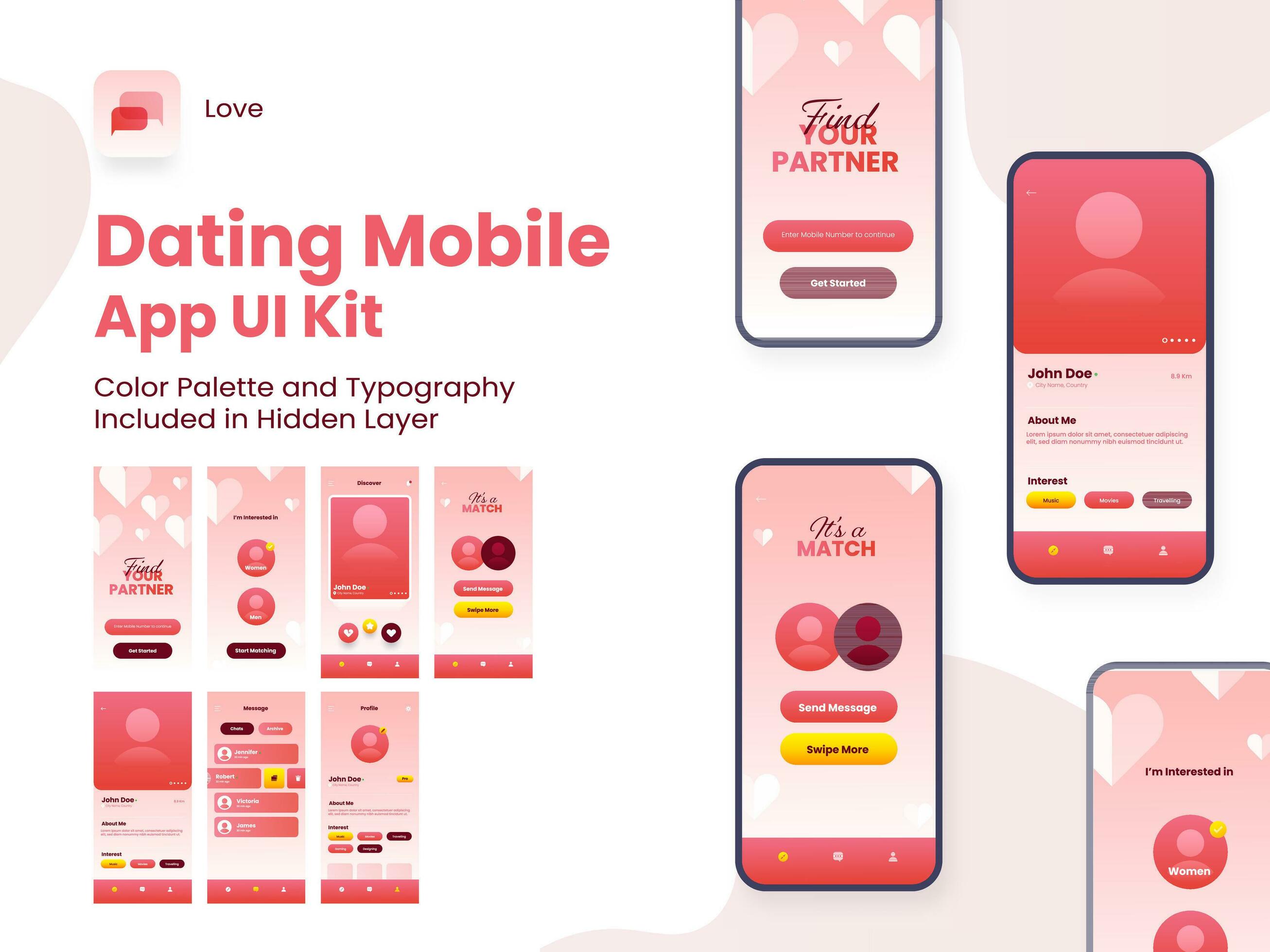 Dating App UI Kit for Responsive Mobile Application or Website with Multiple GUI Including Login ...