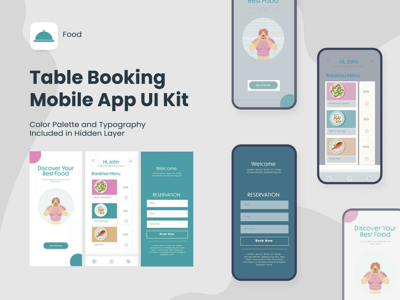 Table Booking Mobile App UI Kit Including Sign Up, Food Menu, Reservation Screen for Restaurant ...