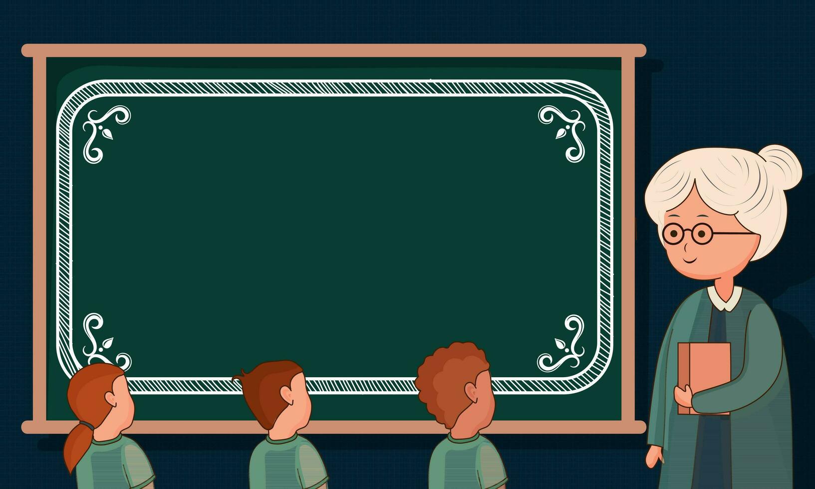 Hembra Profesor Personaje En Pie En Frente De Alumnos Cerca Vacío Pizarra En Aula 24557540