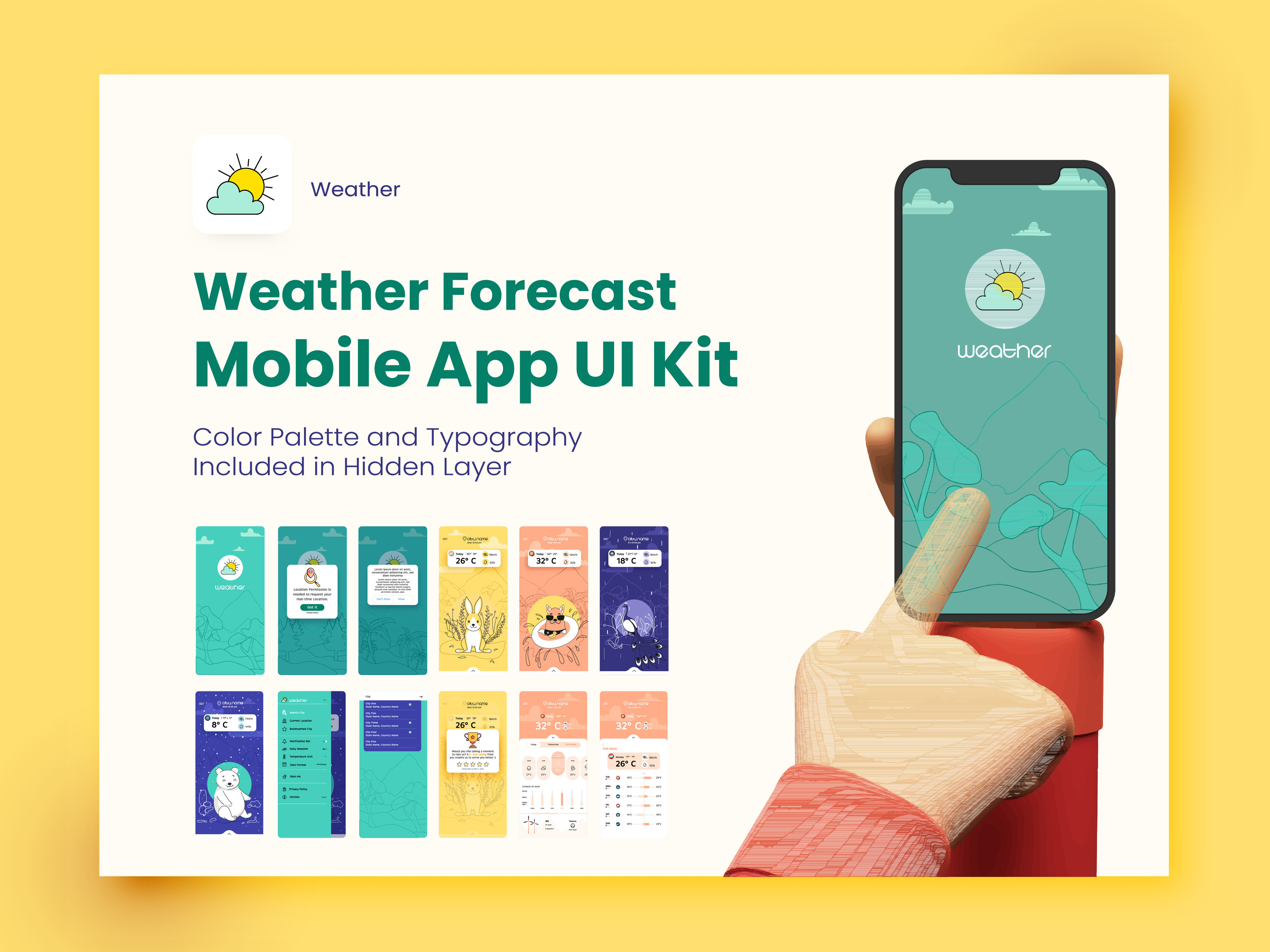 Weather Forecast Mobile App Ui Kit With Showing Temperature Weather
