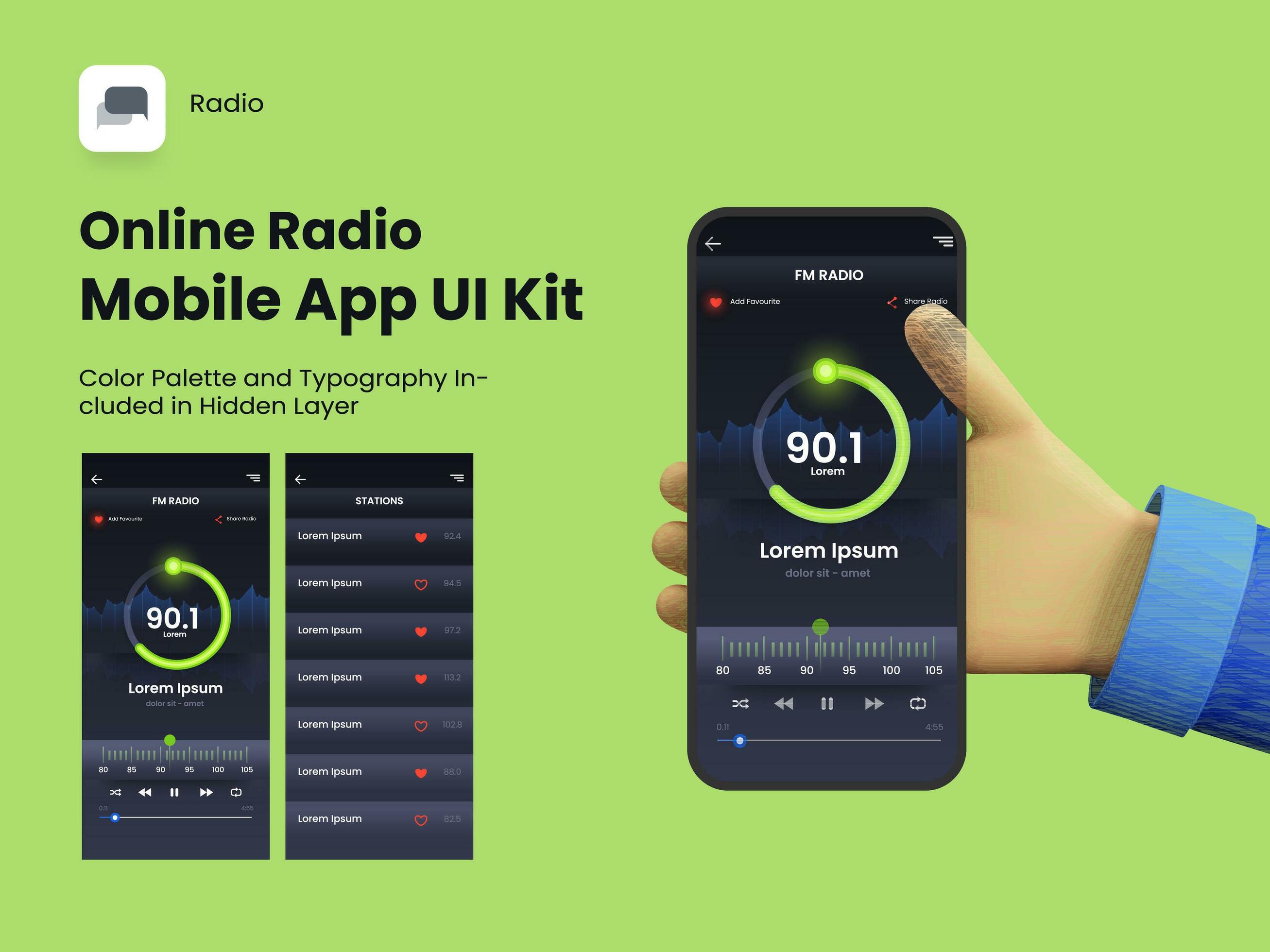 Online Radio Mobile App UI Kit Including FM Radio, Station Screens for ...