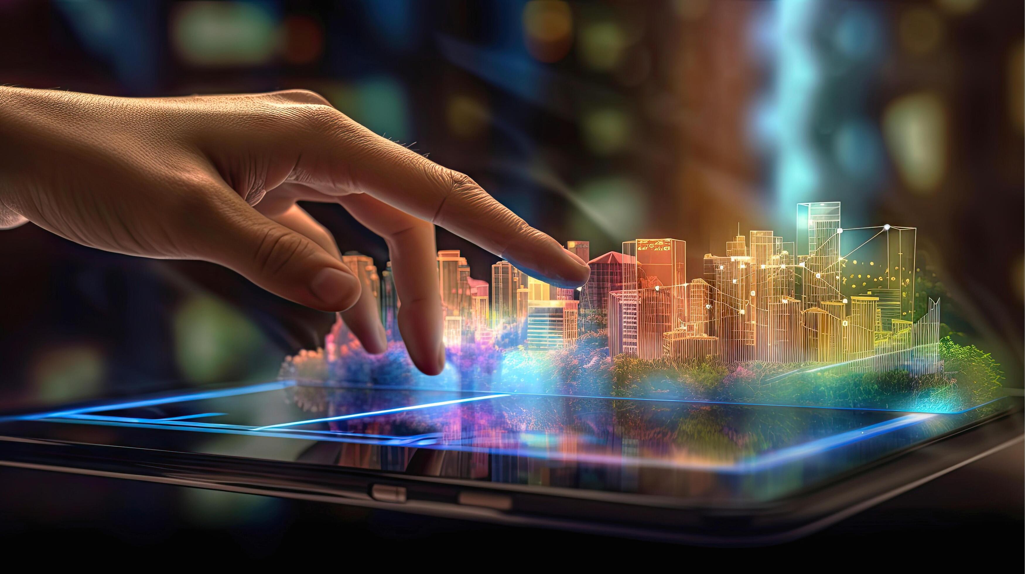 Businessman hand using digital tablet and showing a growing virtual hologram of statistics ...