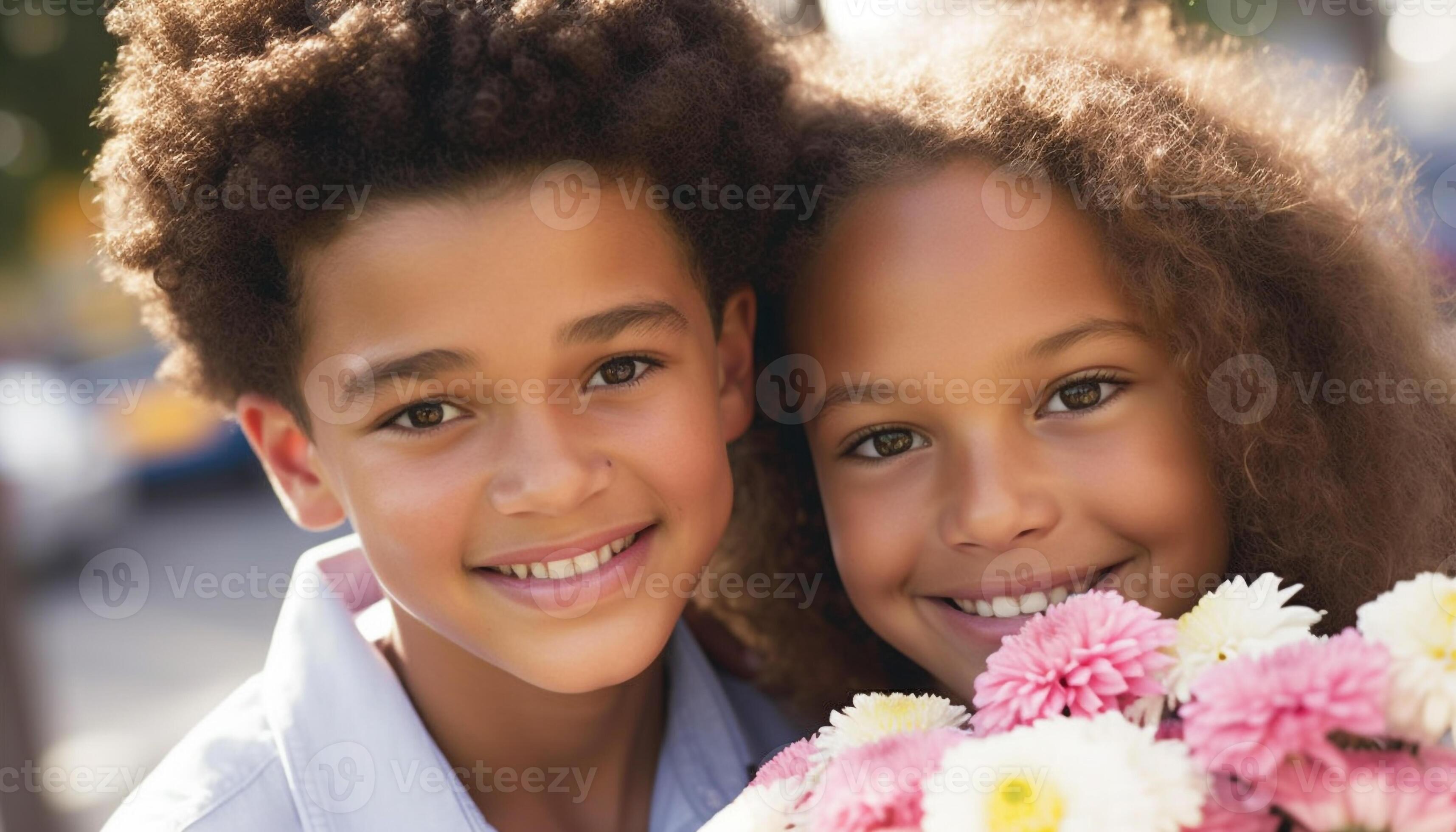 Smiling siblings holding flowers, enjoying nature embrace generated by ...
