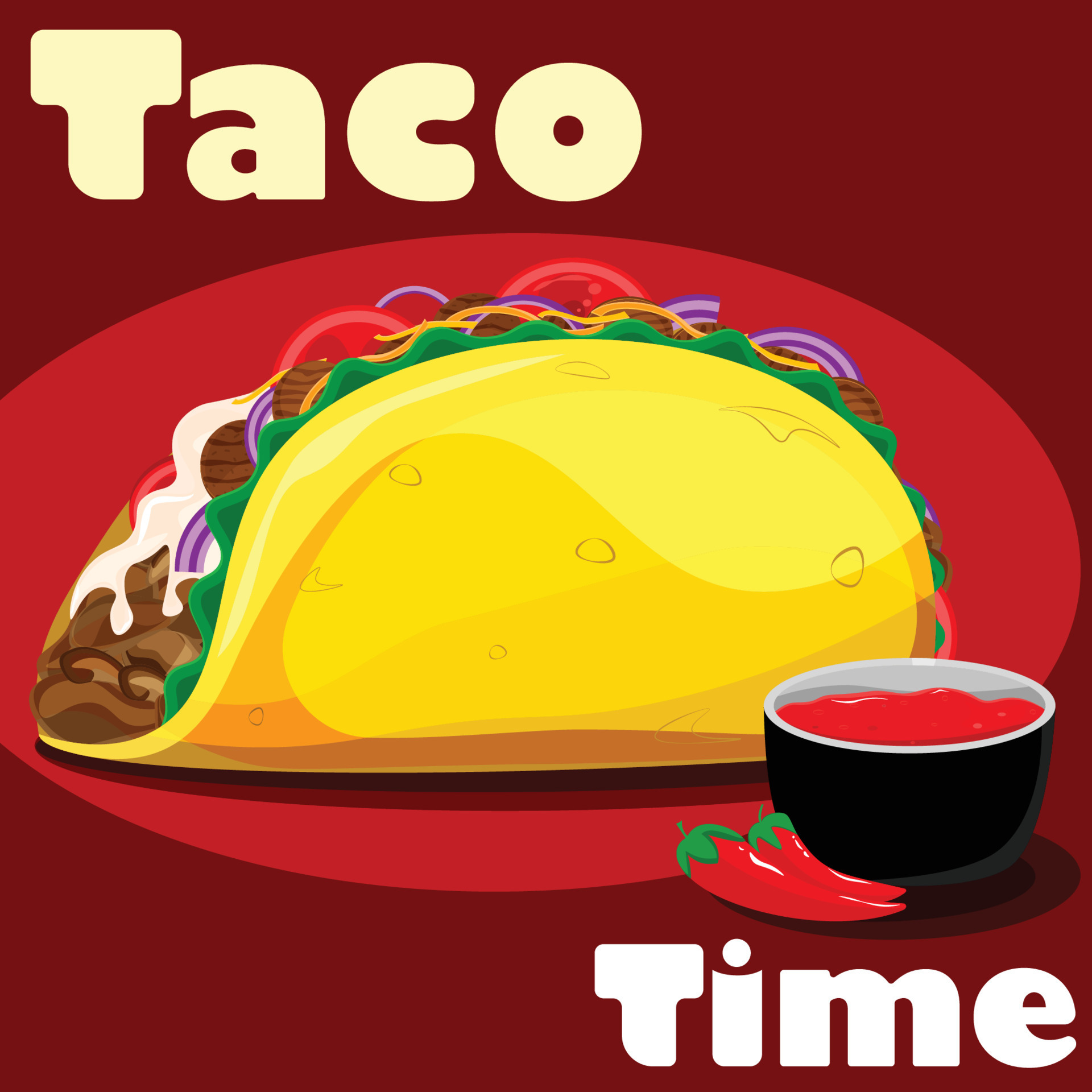 Vector Illustration Of A Traditional Mexican Taco With Chili Sauce On