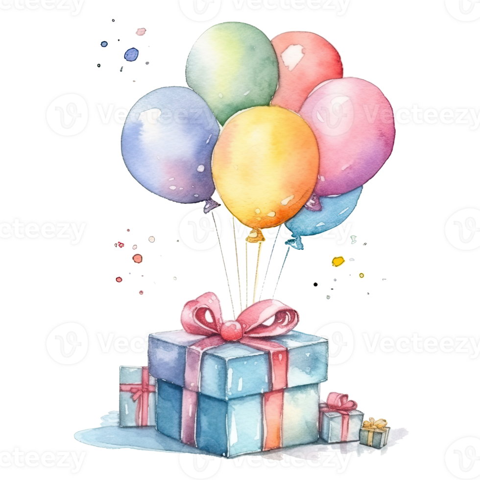 Watercolor Happy Birthday Gift Boxes with Balloons. Illustration ...