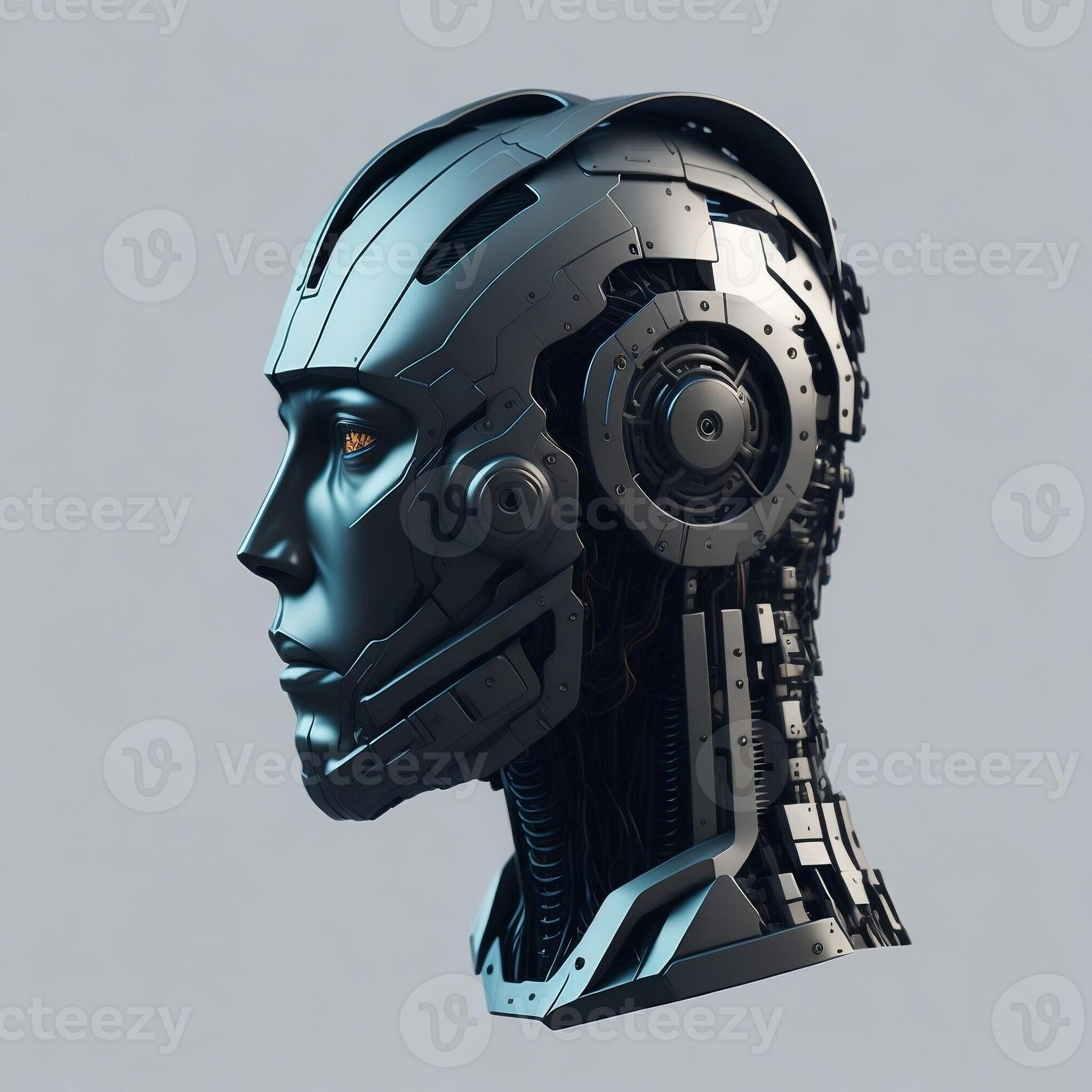 robot cyborg head, male artificial intelligence robot face, male metallic robotic face ...