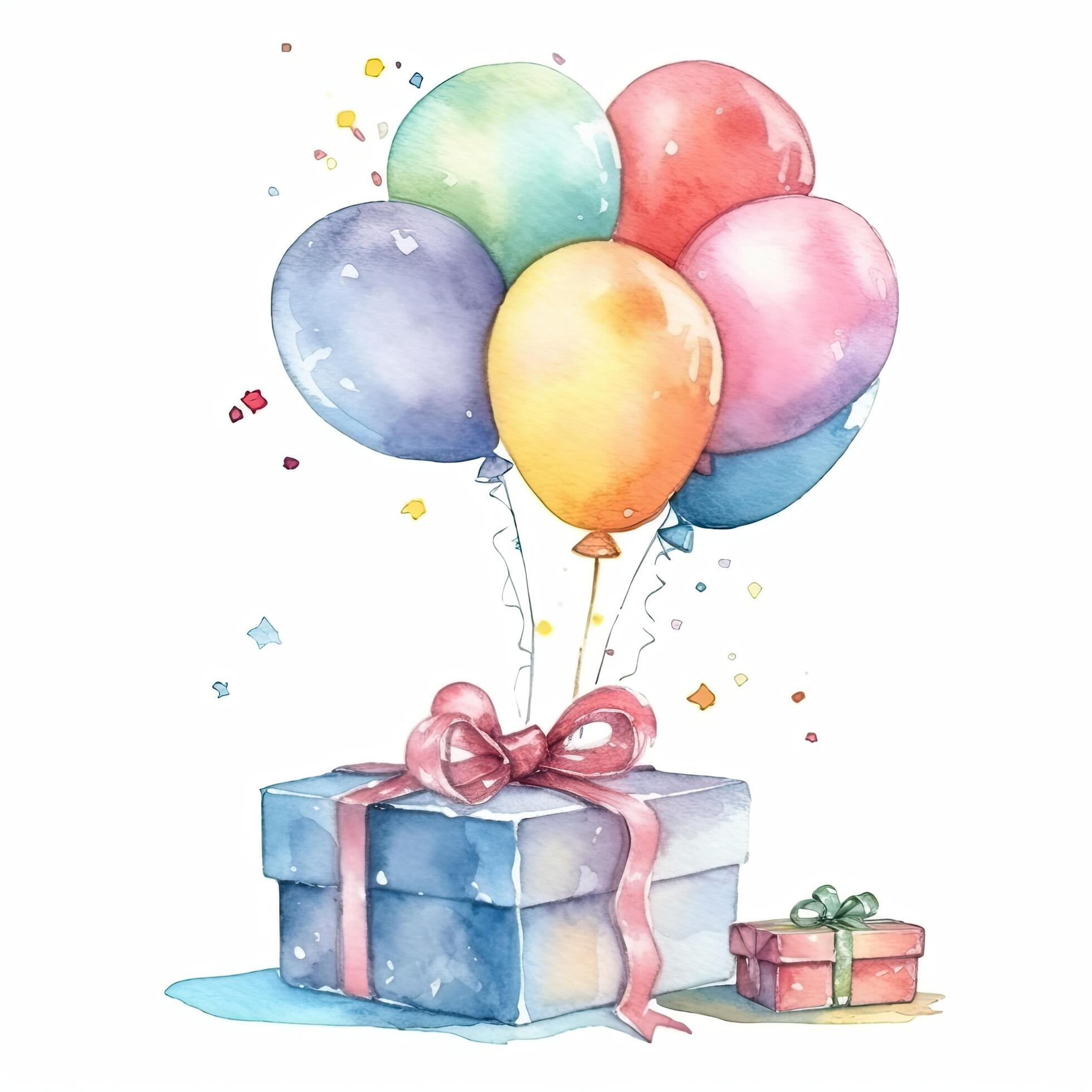 Watercolor Happy Birthday Gift Boxes with Balloons. Illustration ...