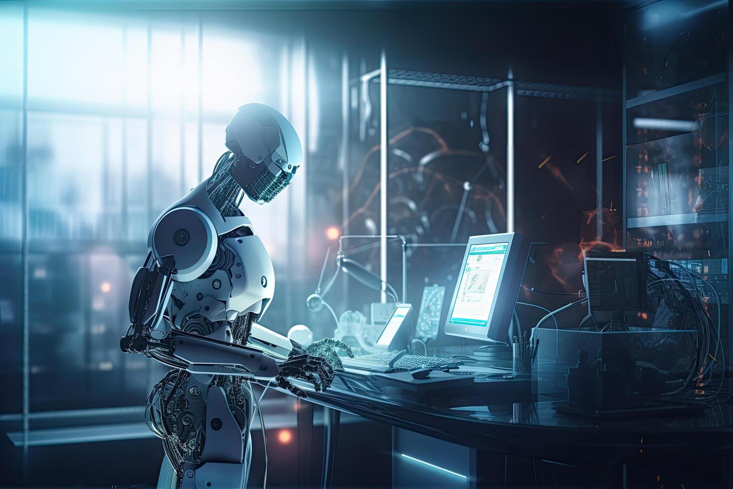 3d Rendering Humanoid Robot Working In Modern Office With Computer