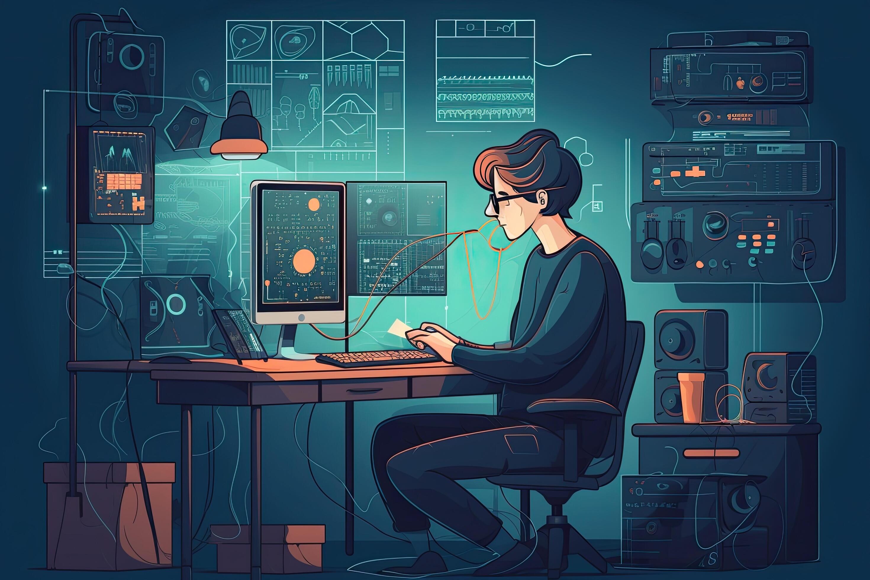 illustration of a young man working at the computer in the office ...