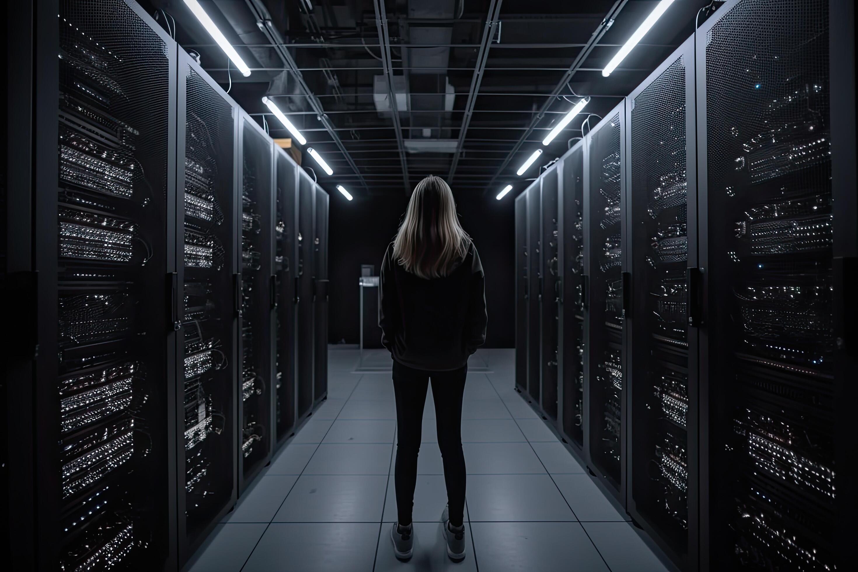 Back view of a young woman standing in the server room with rows of ...