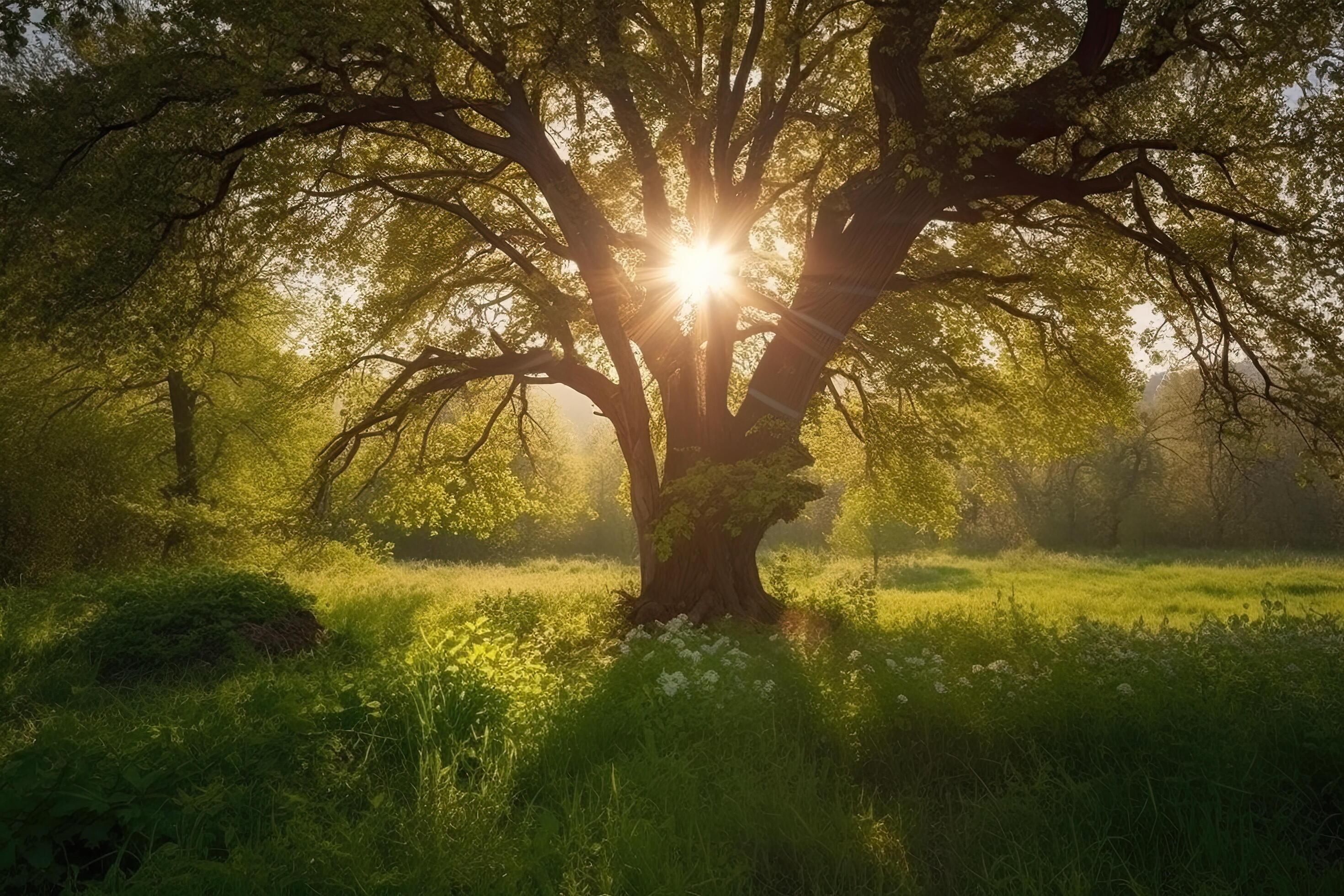 Beautiful summer landscape with an old oak tree and sun in the morning ...