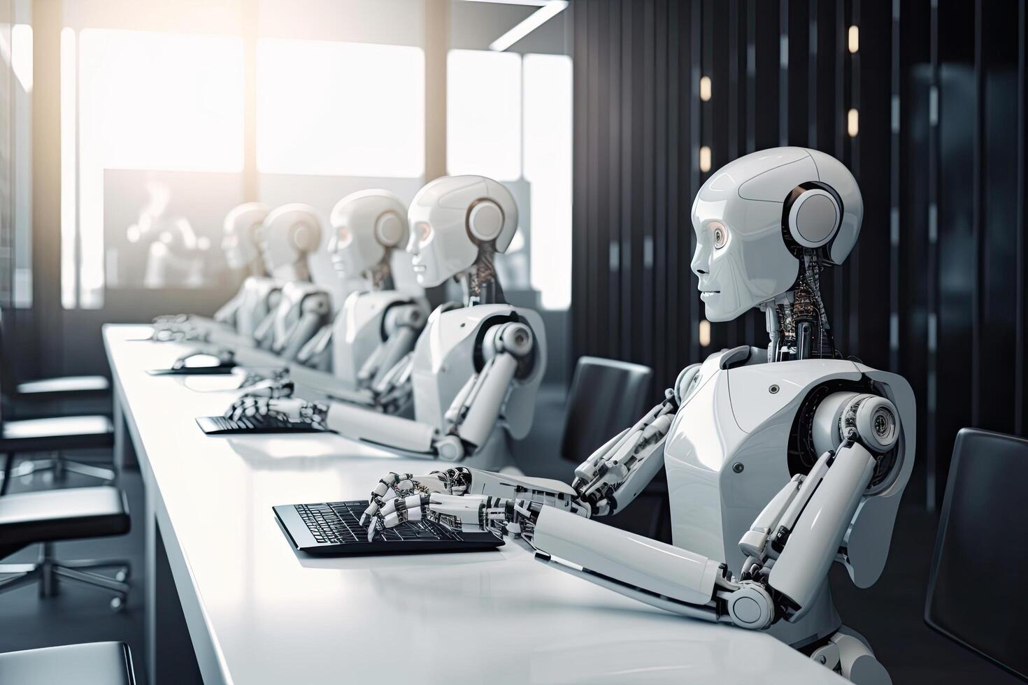 3d rendering robot working in modern office with computer. Concept of ...