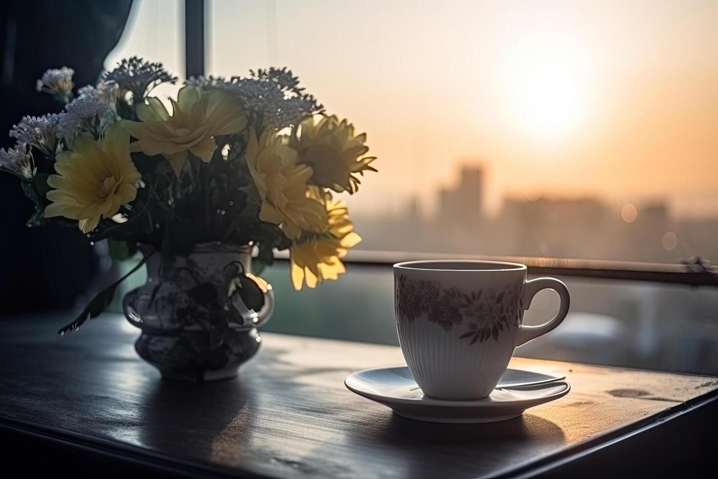 Coffee cup and bouquet of flowers on the table with sunset. A cup of coffee and a beautiful ...