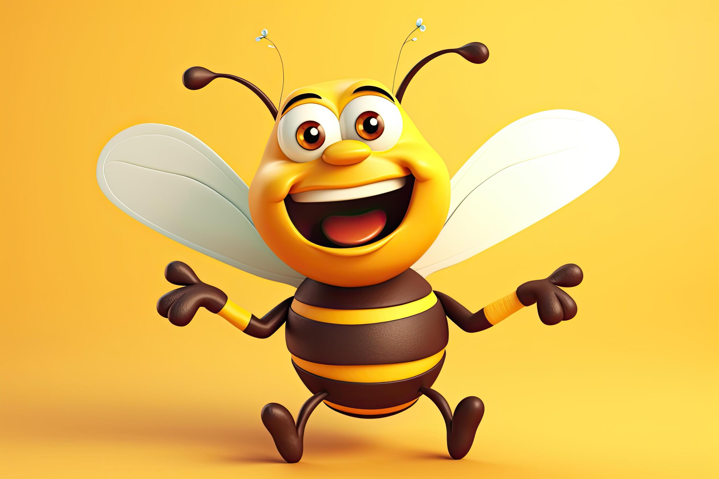 Cartoon bee with a happy expression on yellow background. 3d illustration, A cartoon bee with a ...
