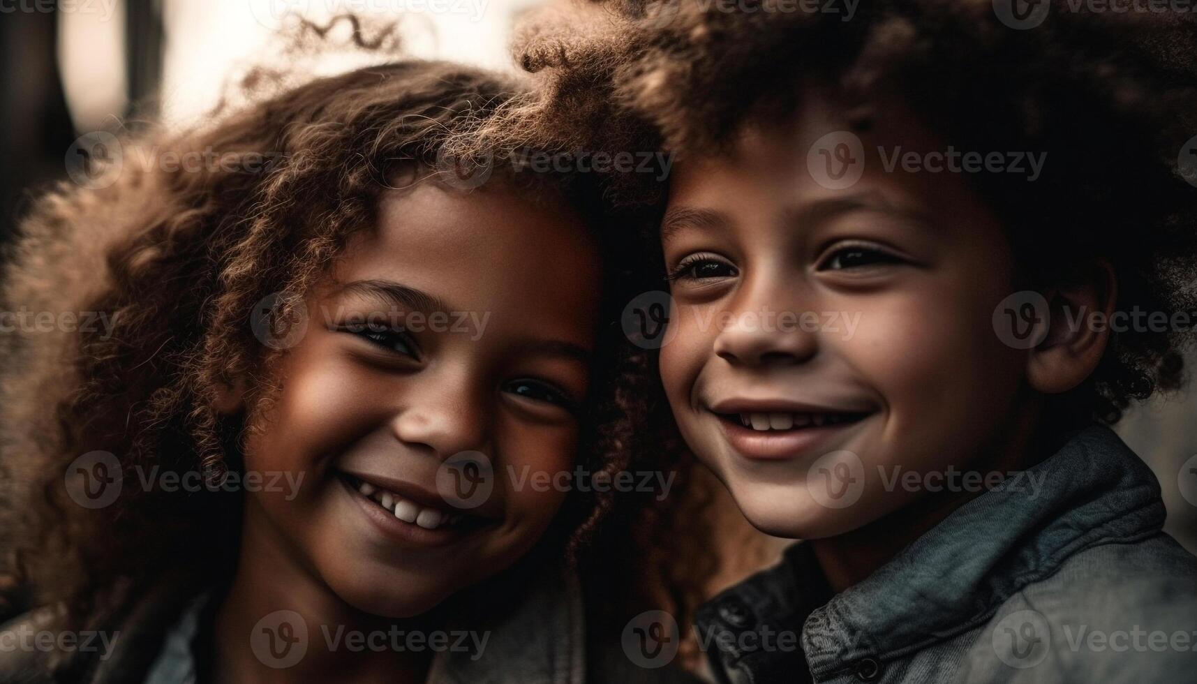 Multi ethnic siblings embrace outdoors, radiating carefree joy and love ...