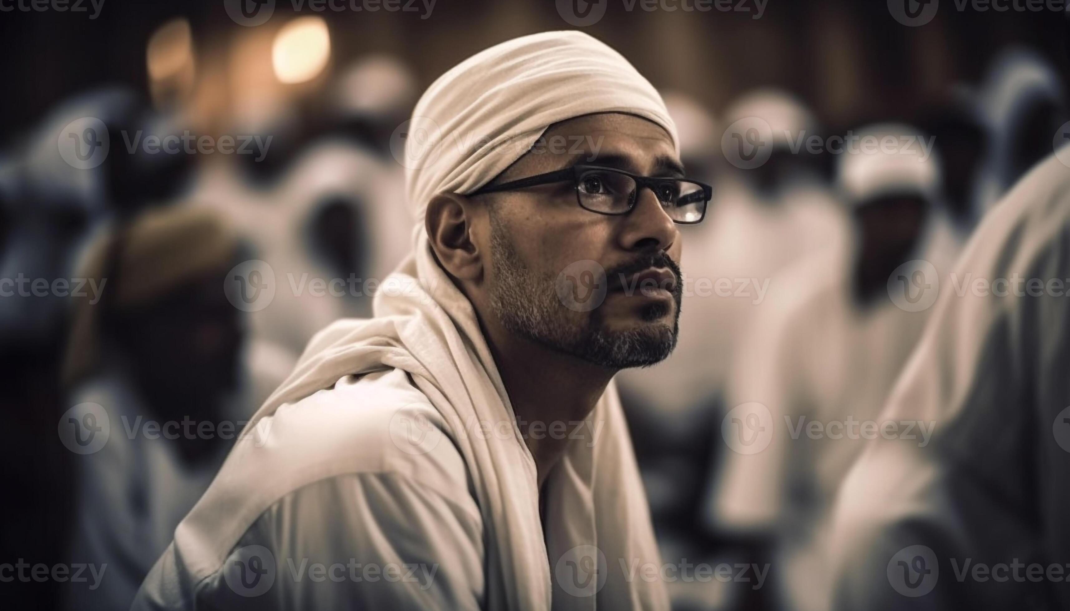 Smiling young adult in traditional Arabic clothing, looking at camera ...