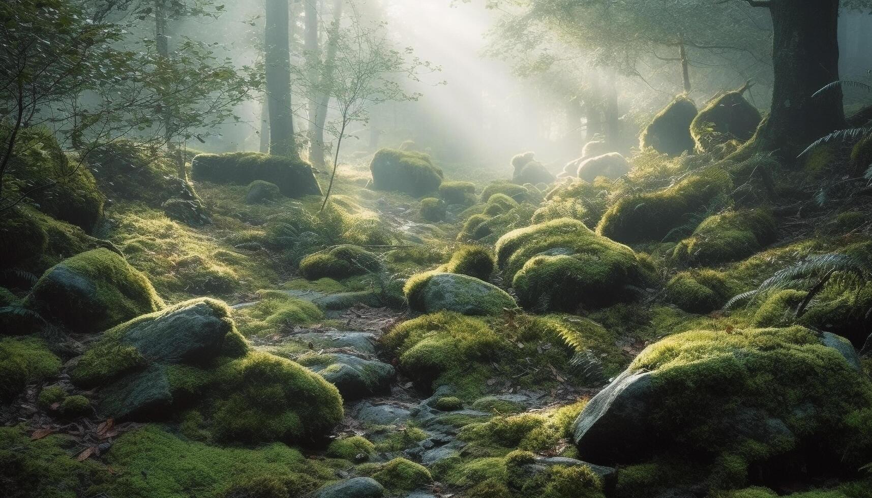 Mysterious fog shrouds tranquil forest landscape scene generated by AI ... Mysterious fog shrouds tranquil forest landscape scene generated by AI ...