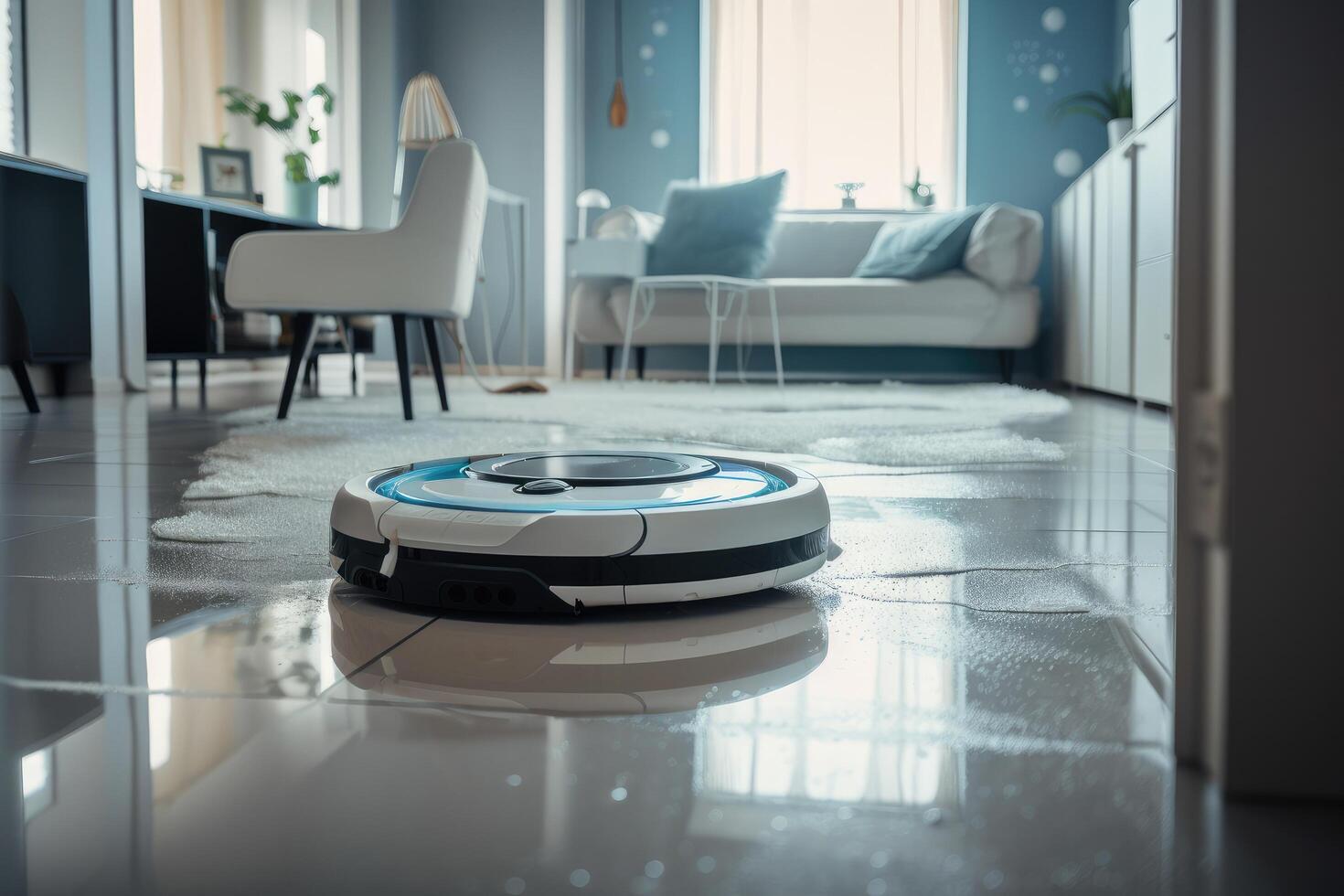 Robotic vacuum cleaner cleaning floor in modern living room. 3d rendering, A futuristic AI robot ...