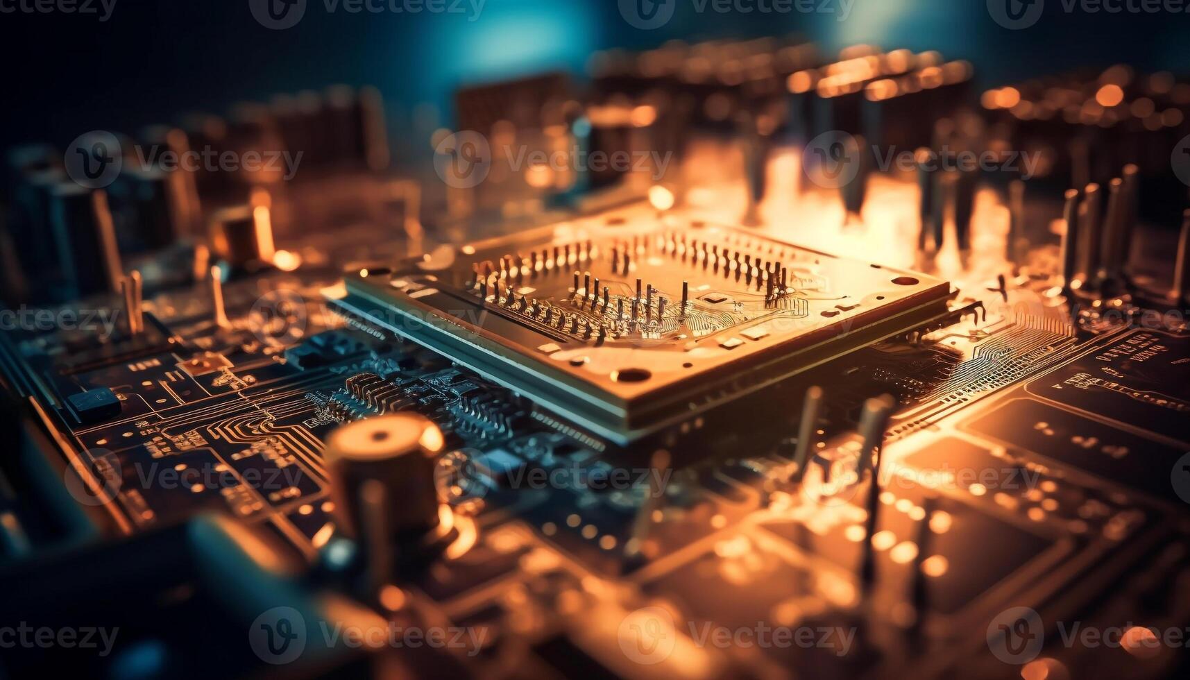 Silicone based computer chip controls complex circuit board for futuristic technology generated ...