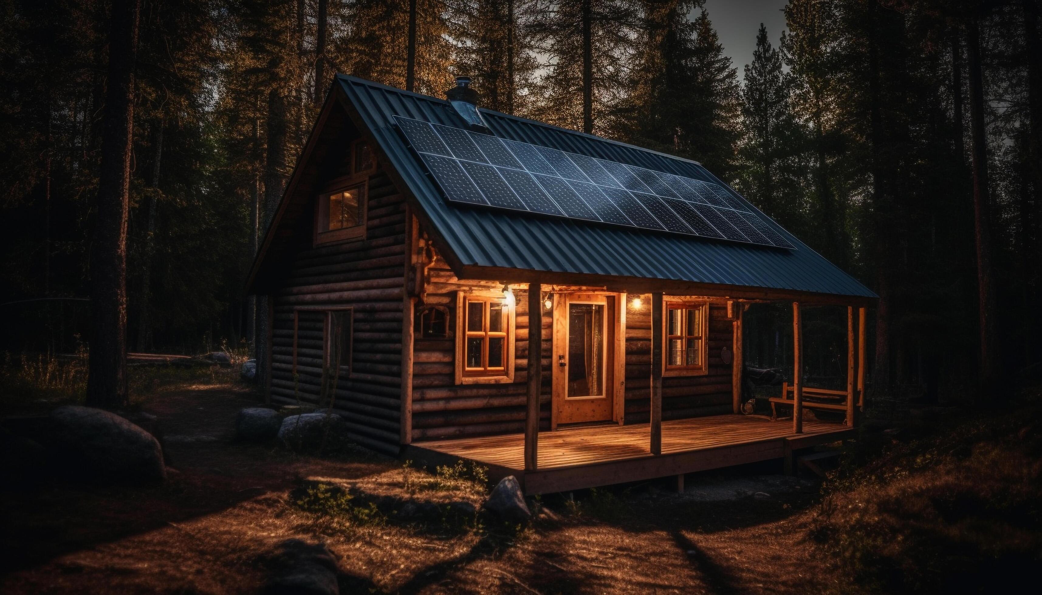 Rustic log cabin illuminated by sunset in tranquil forest landscape ...