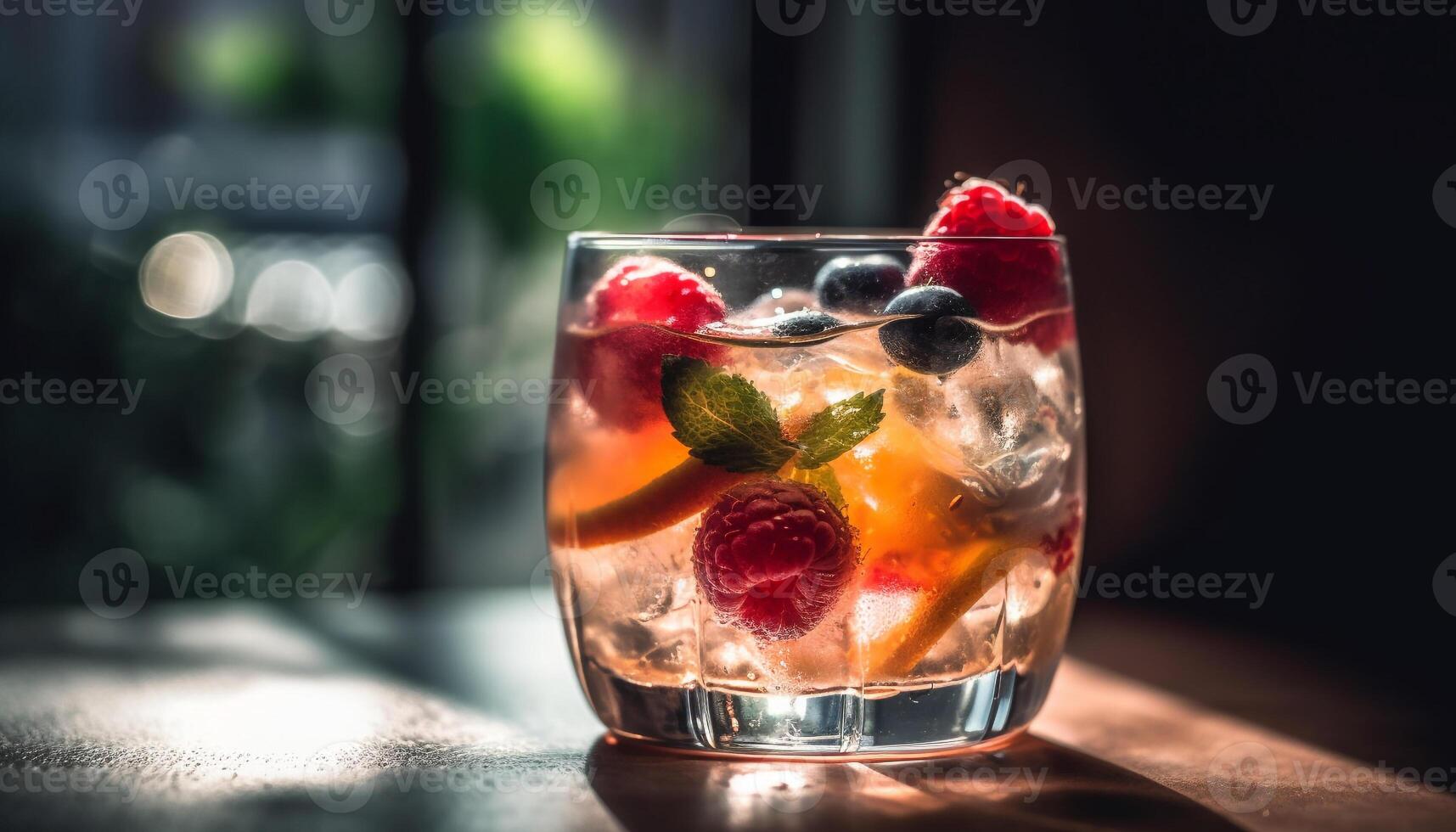 Refreshing summer cocktail with citrus fruit, mint, and raspberry garnish generated by AI ...