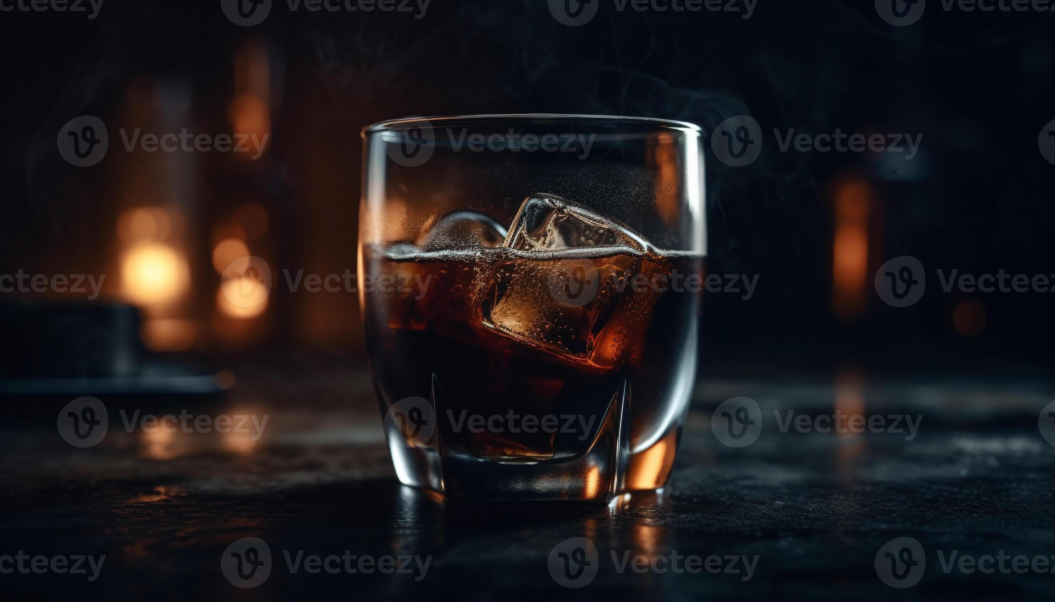 Whiskey glass on wood table, ice drop, dark background generated by AI 24579124 Stock Photo at ...