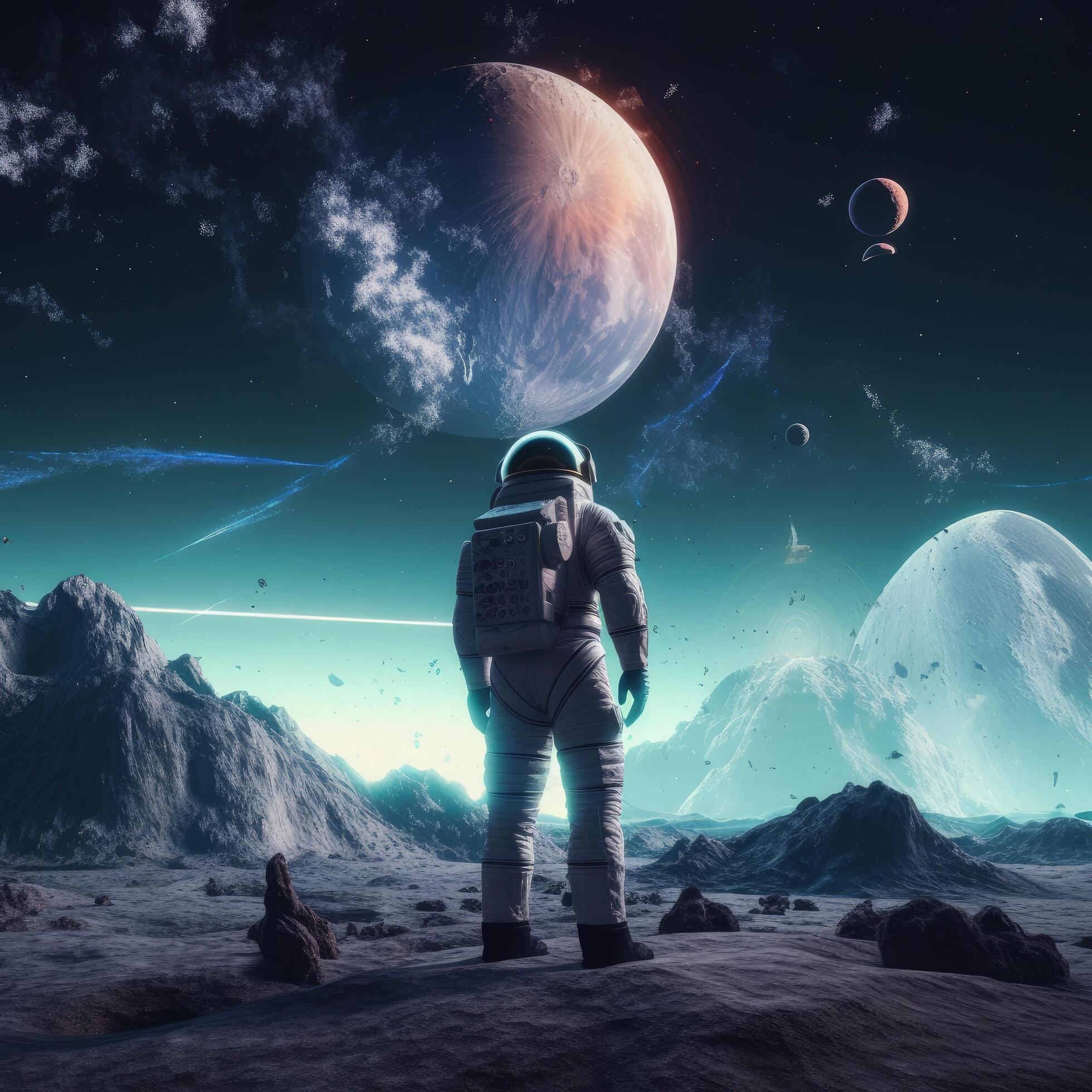 An astronaut wearing a space suit and looking at another planet. A lost astronaut standing on an ...