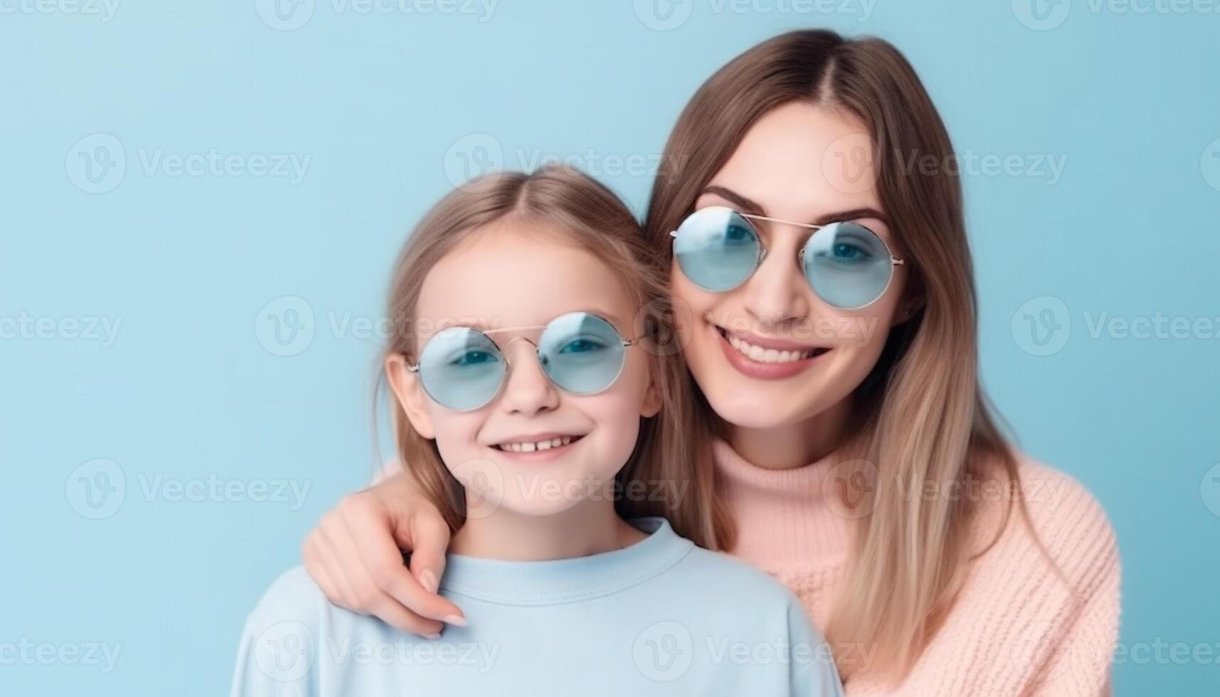 Smiling Mother Embraces Small Daughter Both Wearing Sunglasses