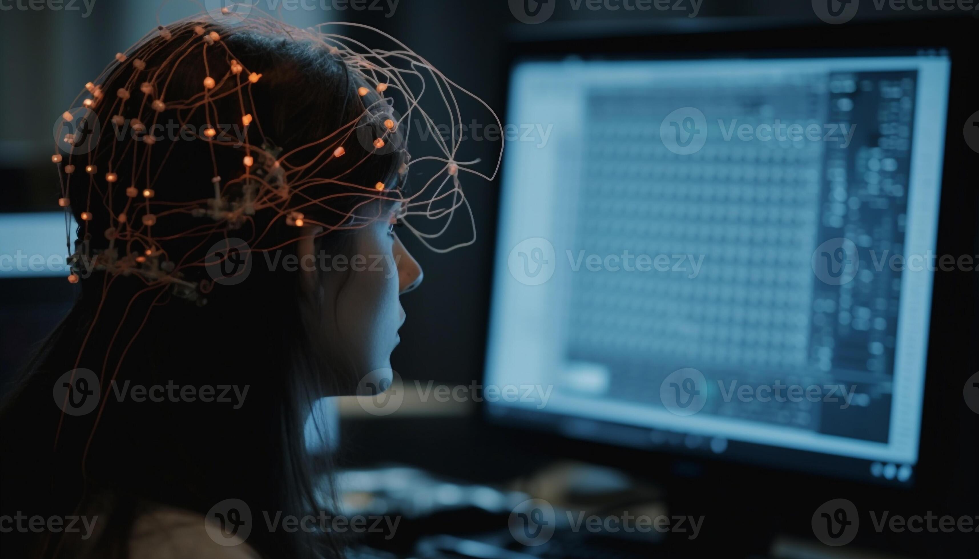 Young adult programmer working on computer equipment in futuristic ...