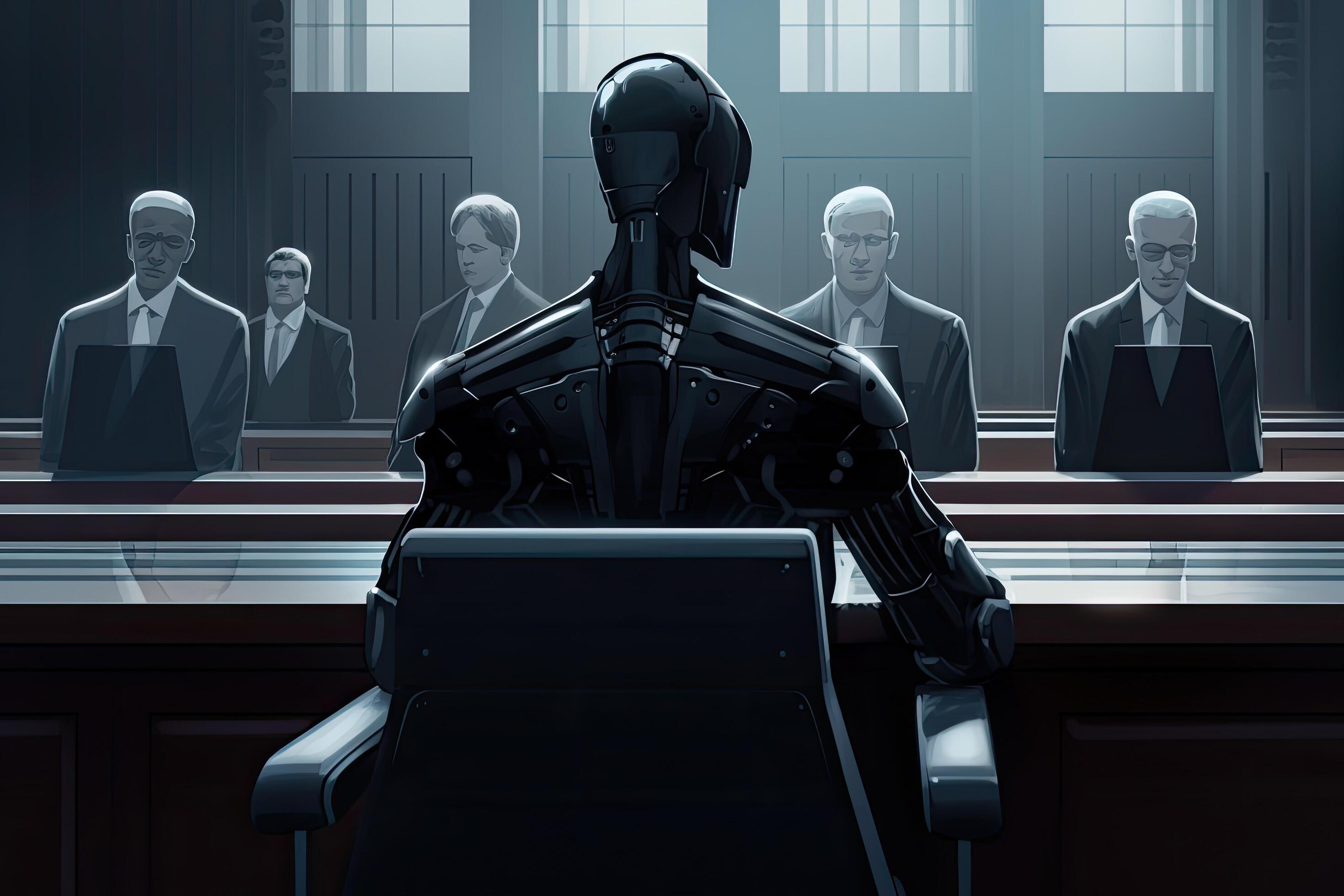 Humanoid robots sitting in a courtroom or law enforcement office. 3D rendering, A futuristic AI ...