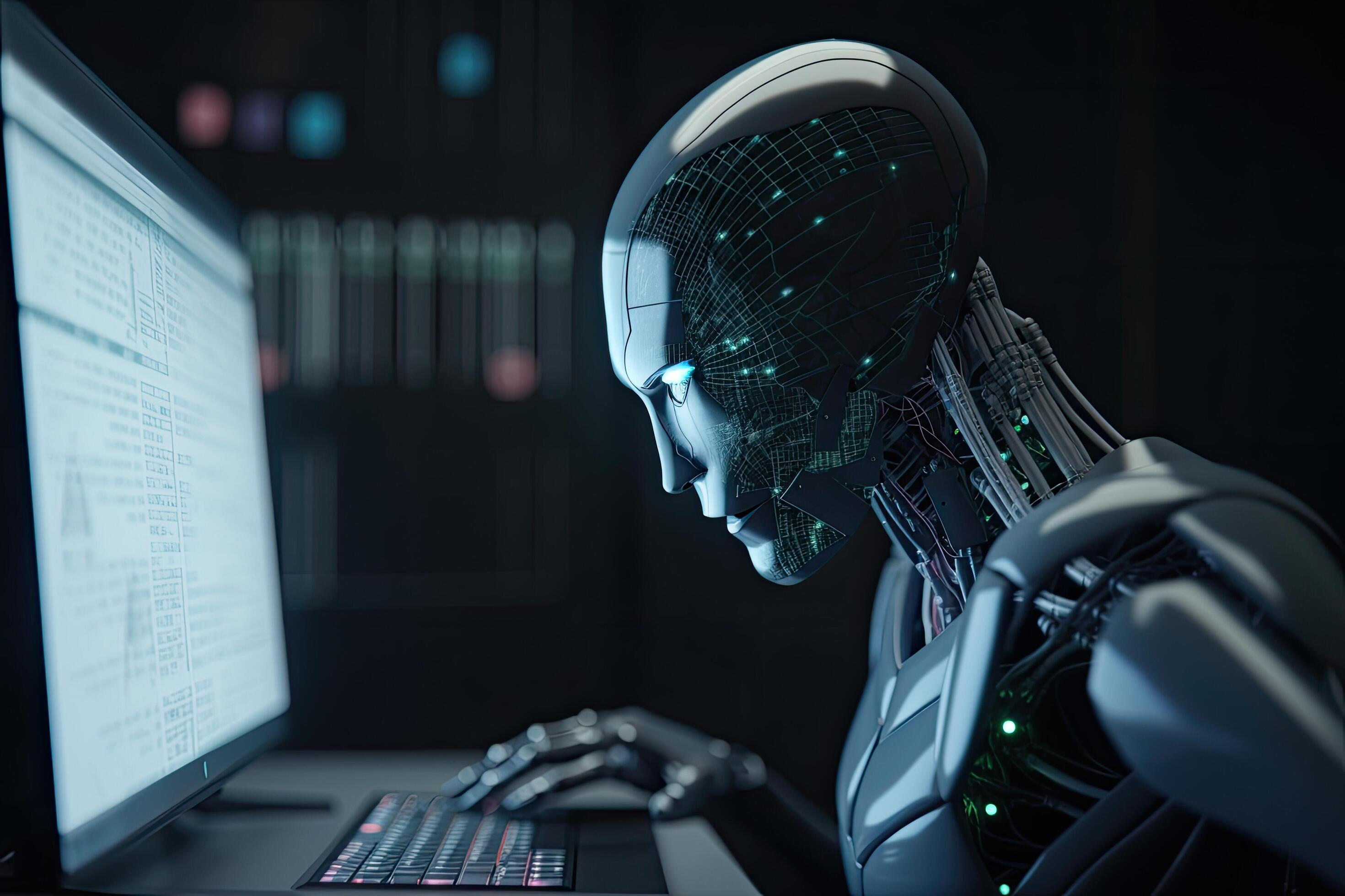 3d rendering male cyborg working with a computer on a dark background, A futuristic AI robot ...
