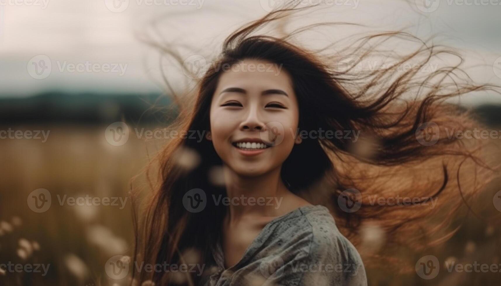 Young woman with long brown hair smiling in nature beauty generated by ...