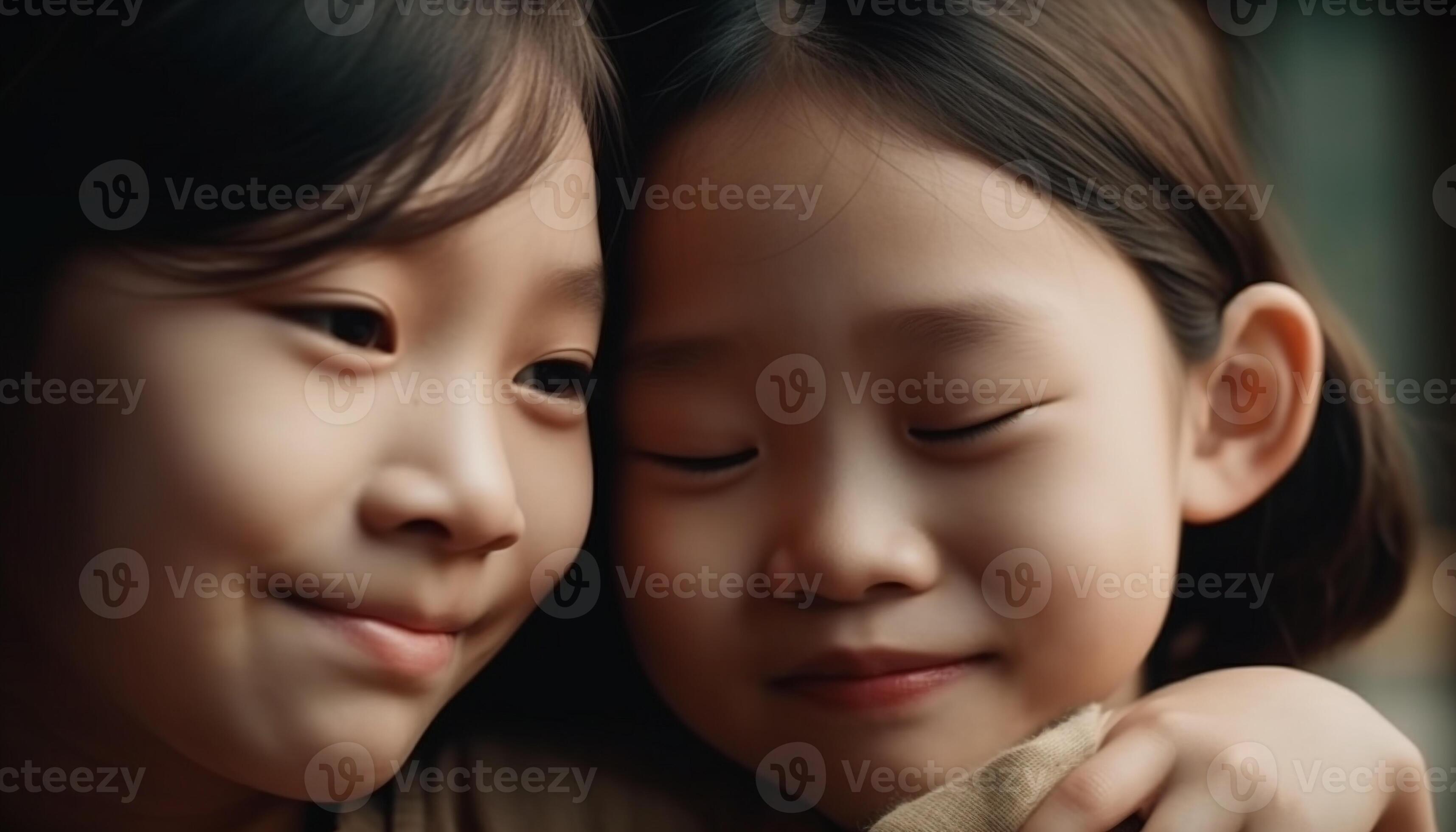 Happy siblings embrace in nature, enjoying childhood and togetherness ...