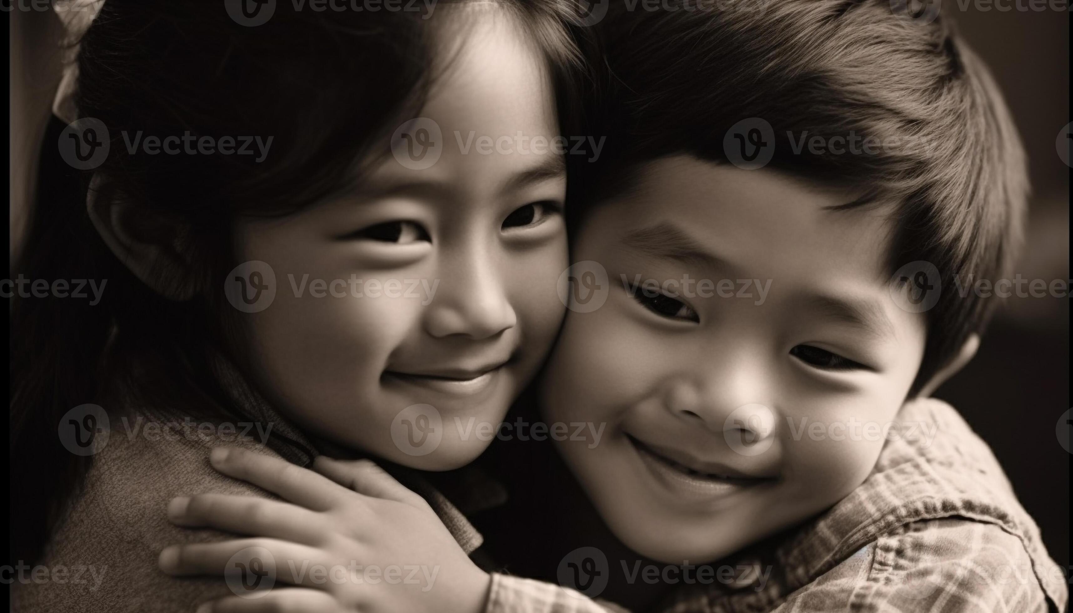 Brother and sister embracing, playful and affectionate in nature beauty ...