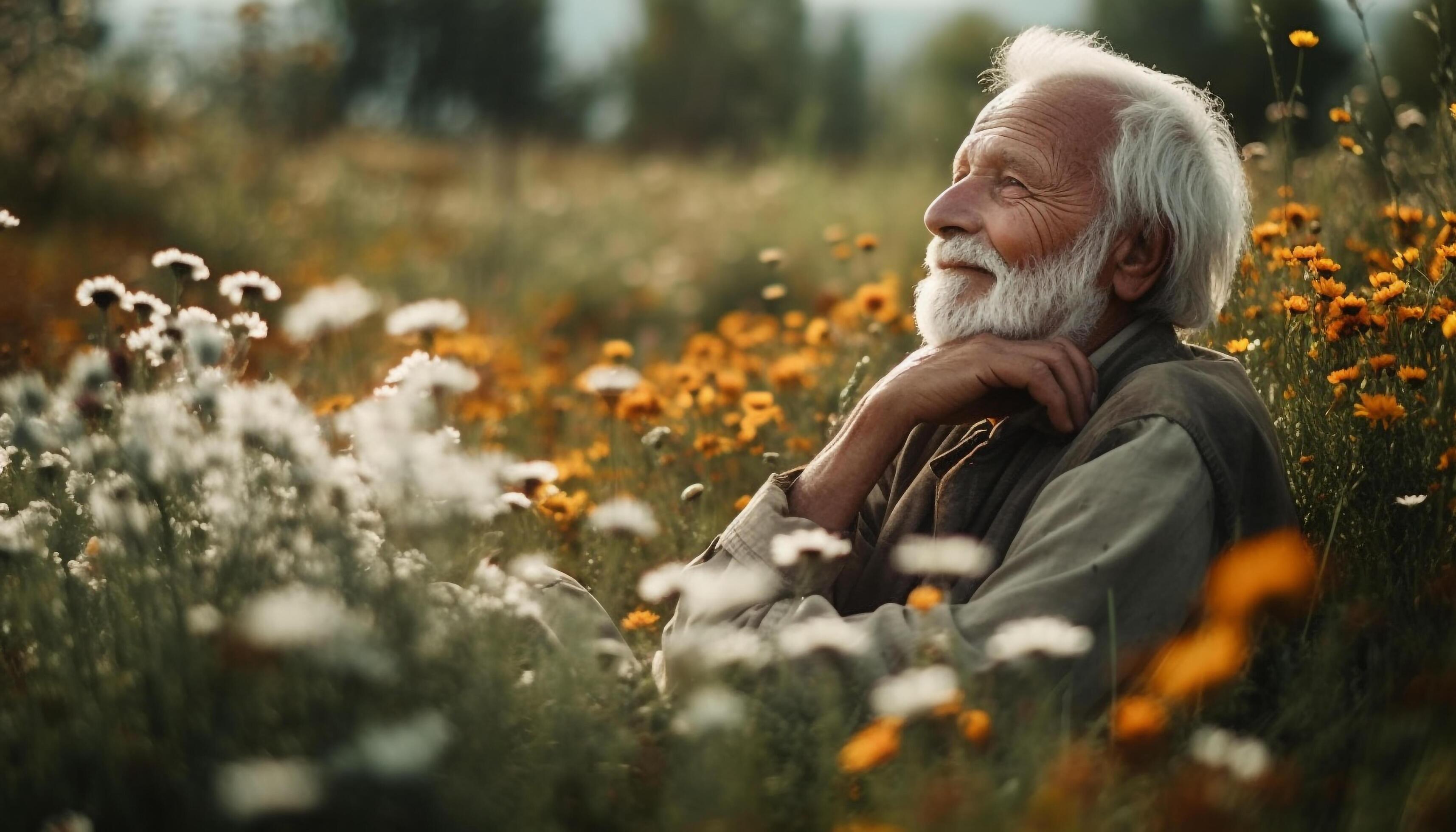 Smiling senior man enjoying nature in green meadow outdoors generated ...