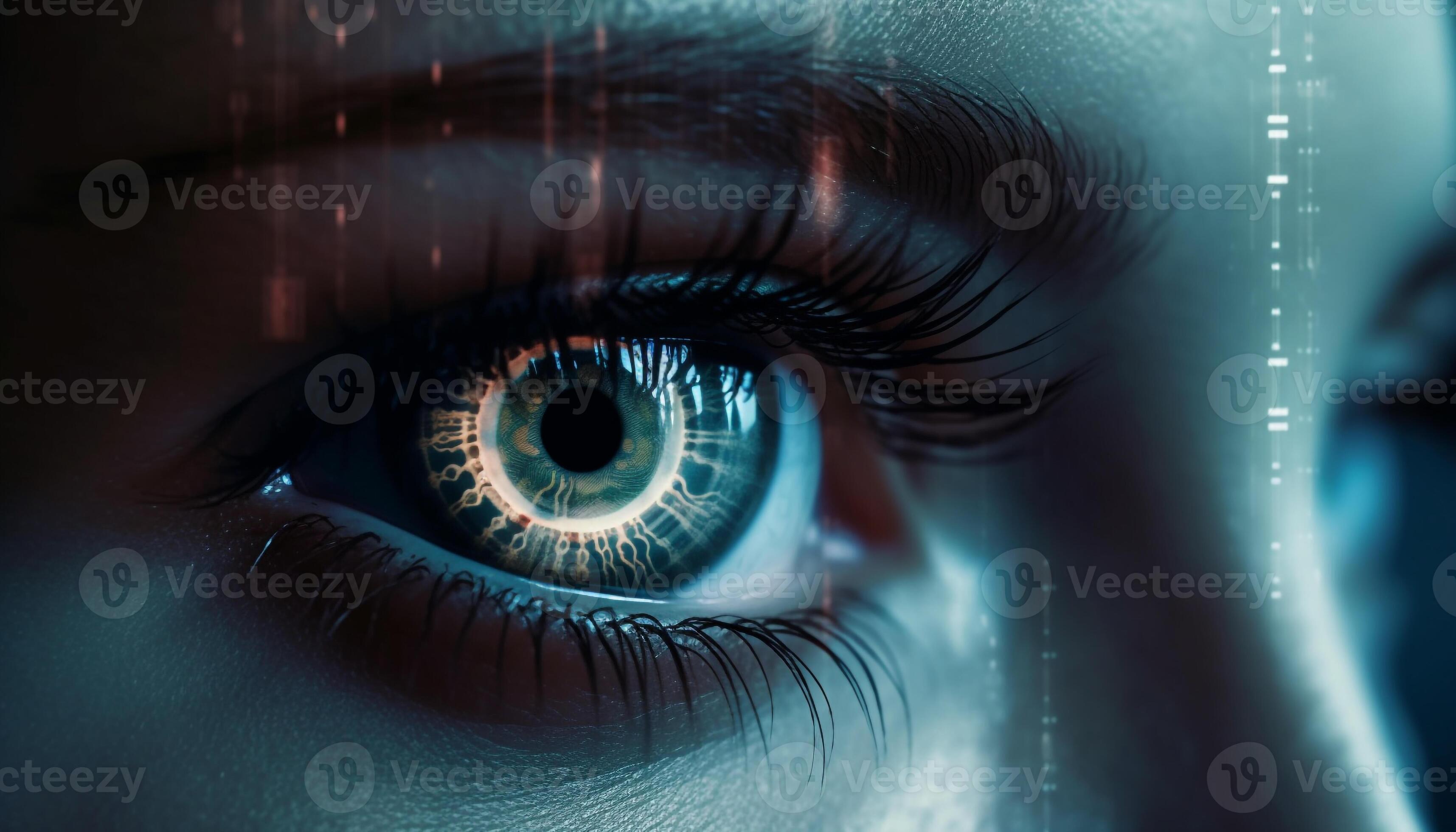 Young adult woman staring with blue cyborg eye in close up generated by AI 24582457 Stock Photo ...