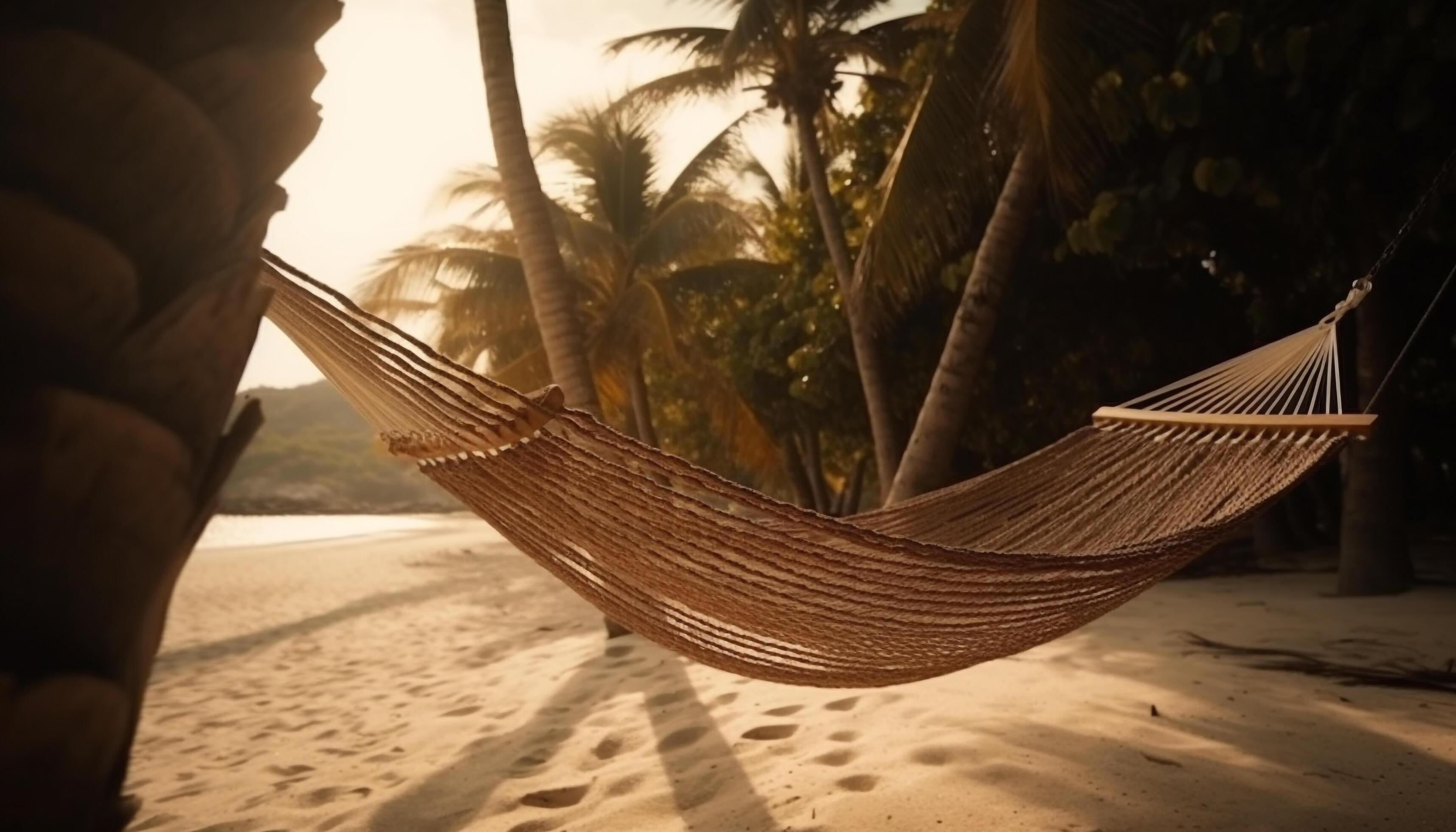 Tranquil Scene Of Swinging In Hammock Under Coconut Palm Tree Generated