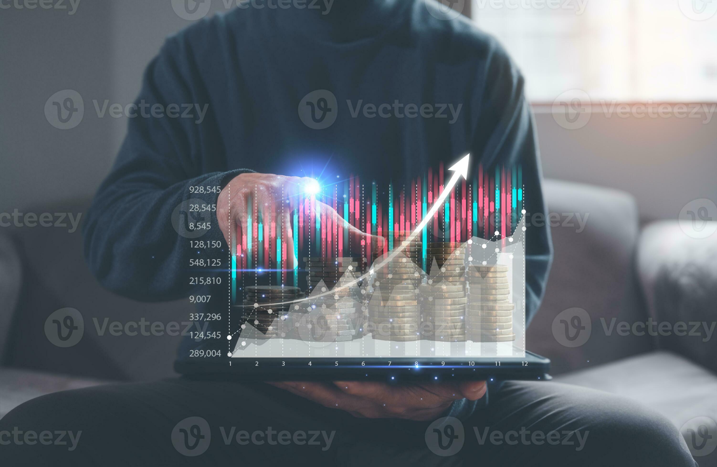 investment stock market data analysis concept, businessman using computer tablet analyst virtual ...