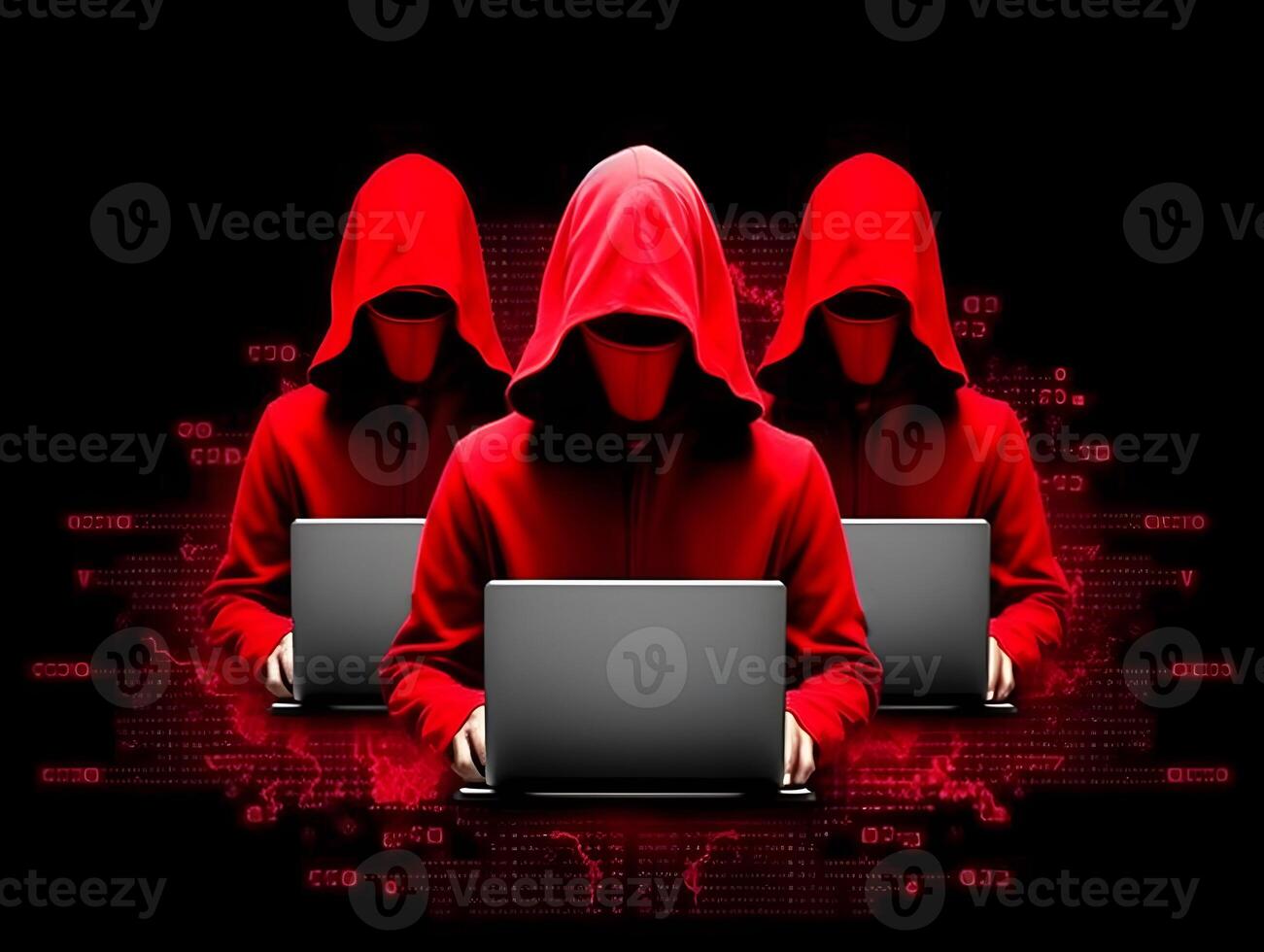 Three hackers without face. Concept of red hat, hacker group, organization or association ...