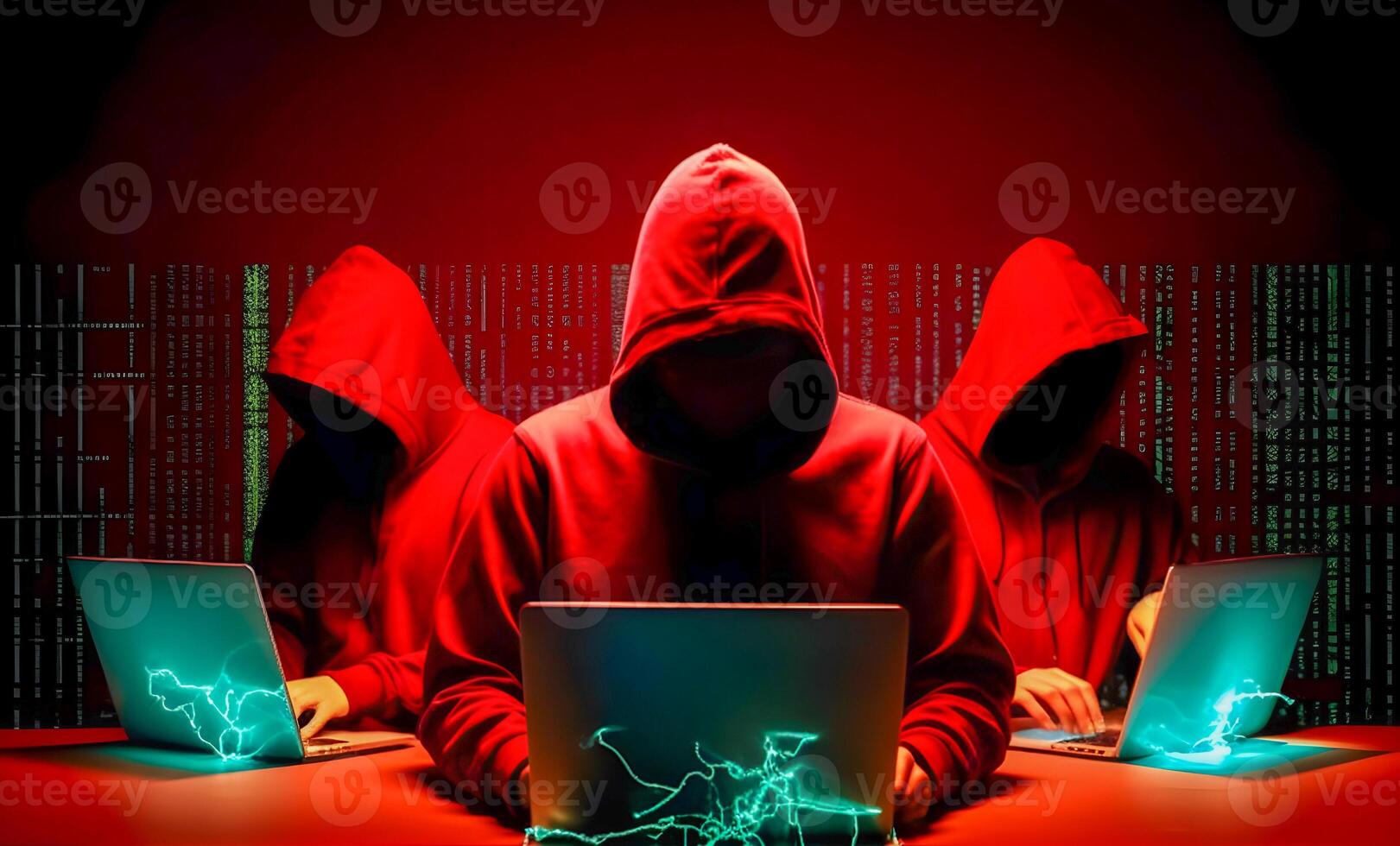 Tres hackers sin rostro. concepto de rojo sombrero, hacker grupo, organización o asociación ...