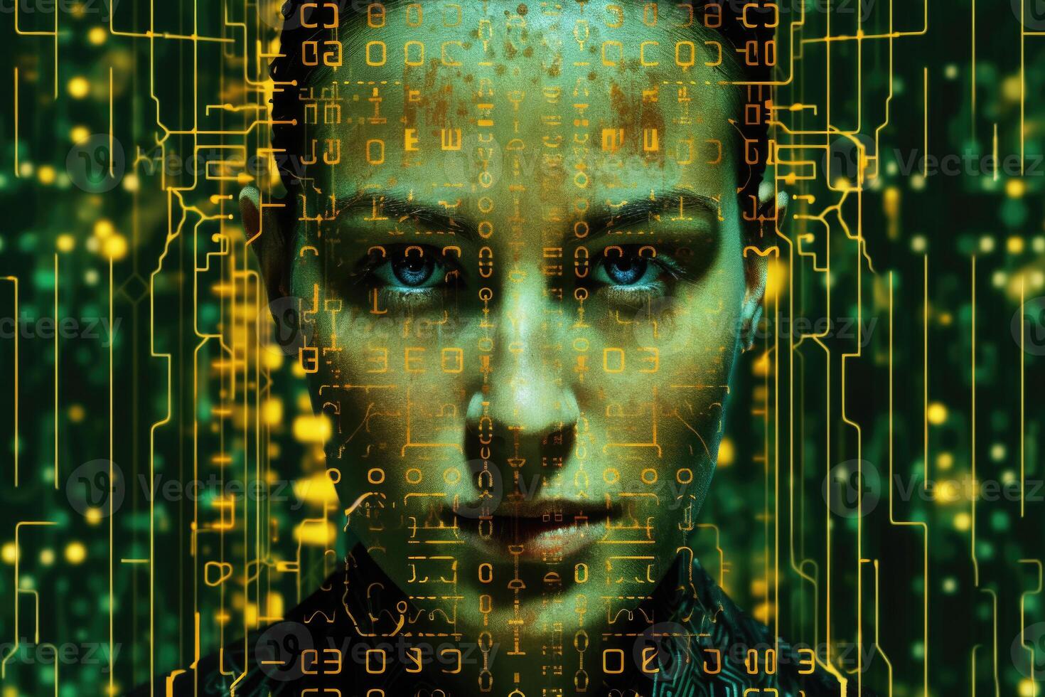 Female face against binary code. Artificial intelligence concept. 24594582 Stock Photo at Vecteezy