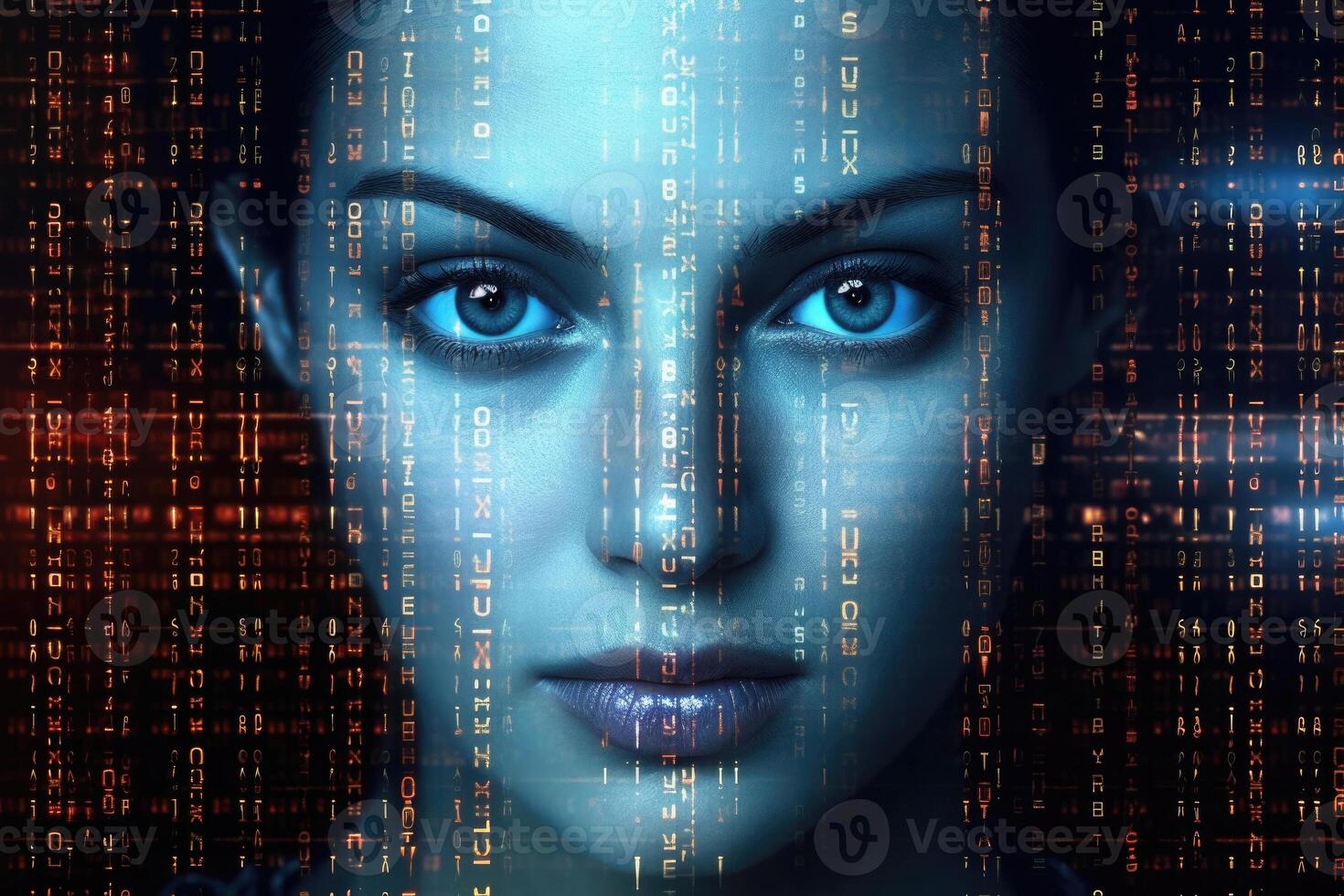 Female face against binary code. Artificial intelligence concept ...