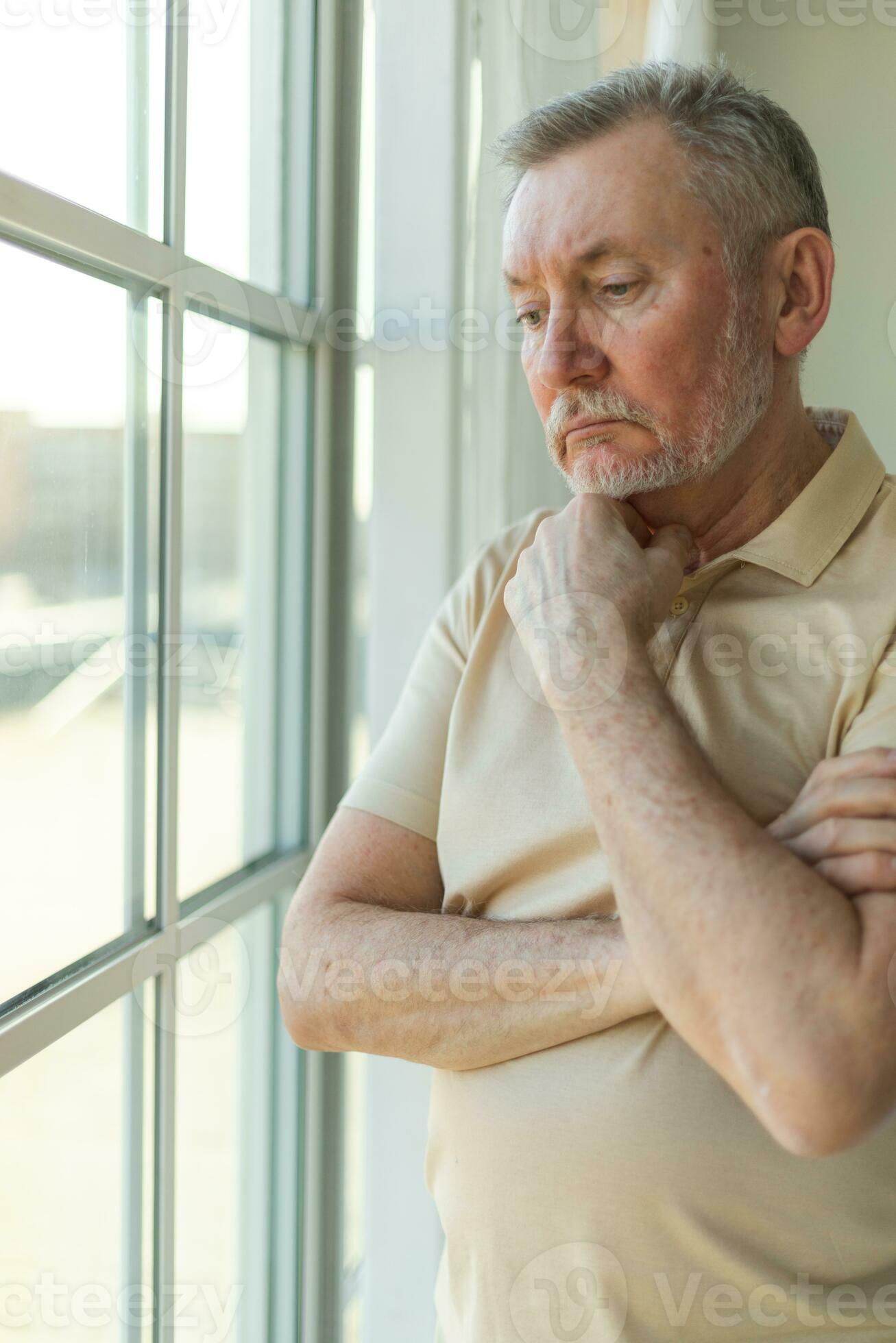 Sad tired lonely disappointed older senior man at home alone. Unhappy ...